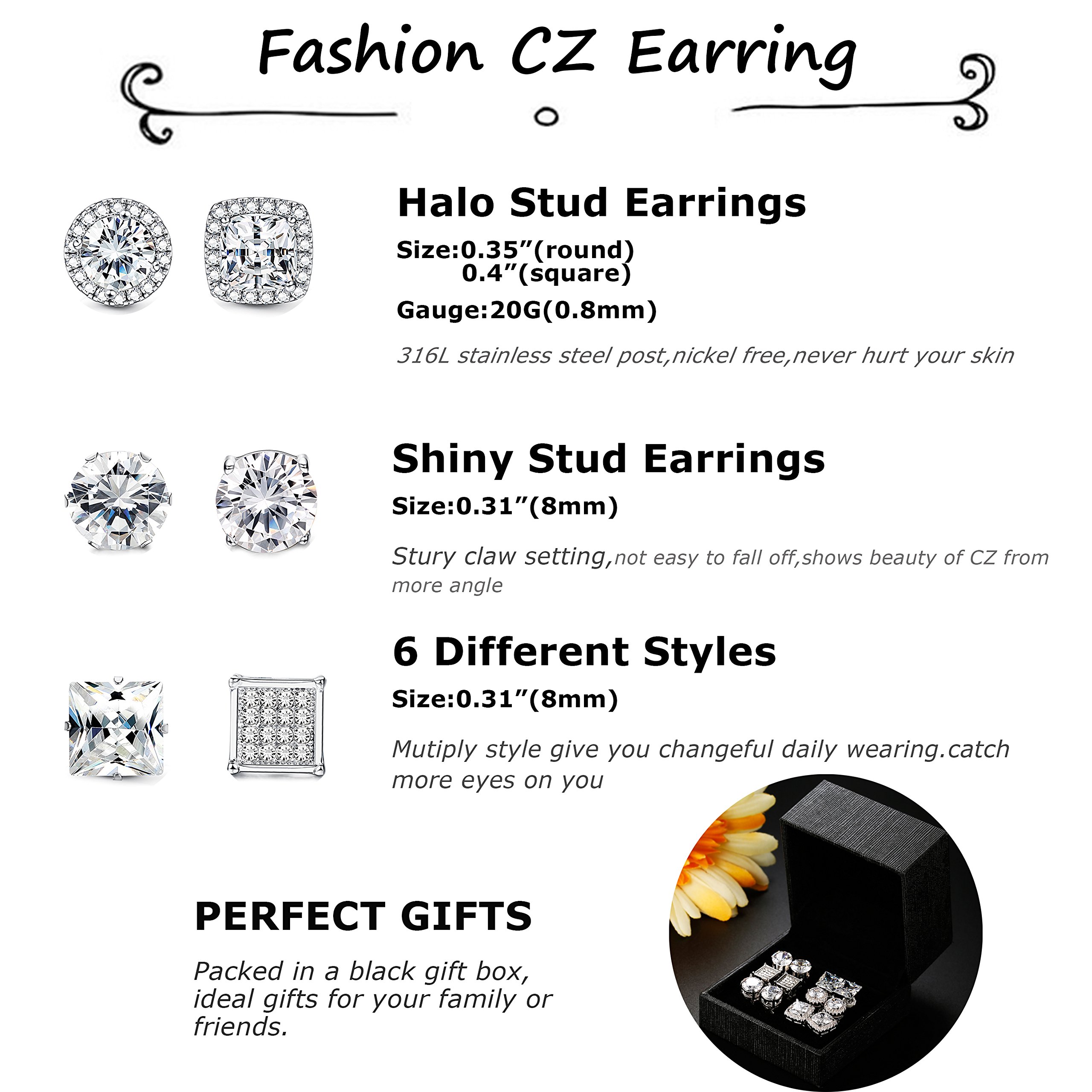 Jstyle Halo Cubic Zirconia Stud Earrings for Women Clear CZ Round Square Stud Earrings Set Ear Jewelry