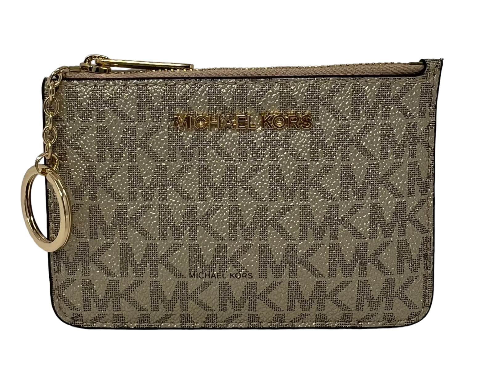 Michael Kors Jet Set Travel Zip Top Key Chain Coin Pouch Pale Gold Signature Logo