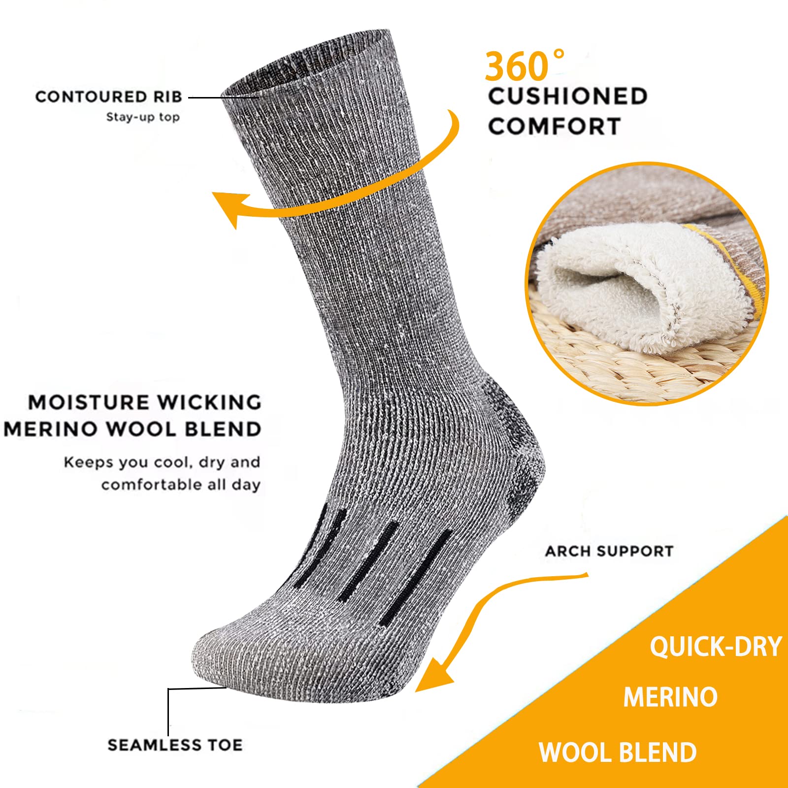 NuanSumm Men's Merino Wool Socks Thermal Heat Trapping Insulated Heated Boot Socks for Hiking Crew Moisture Wicking