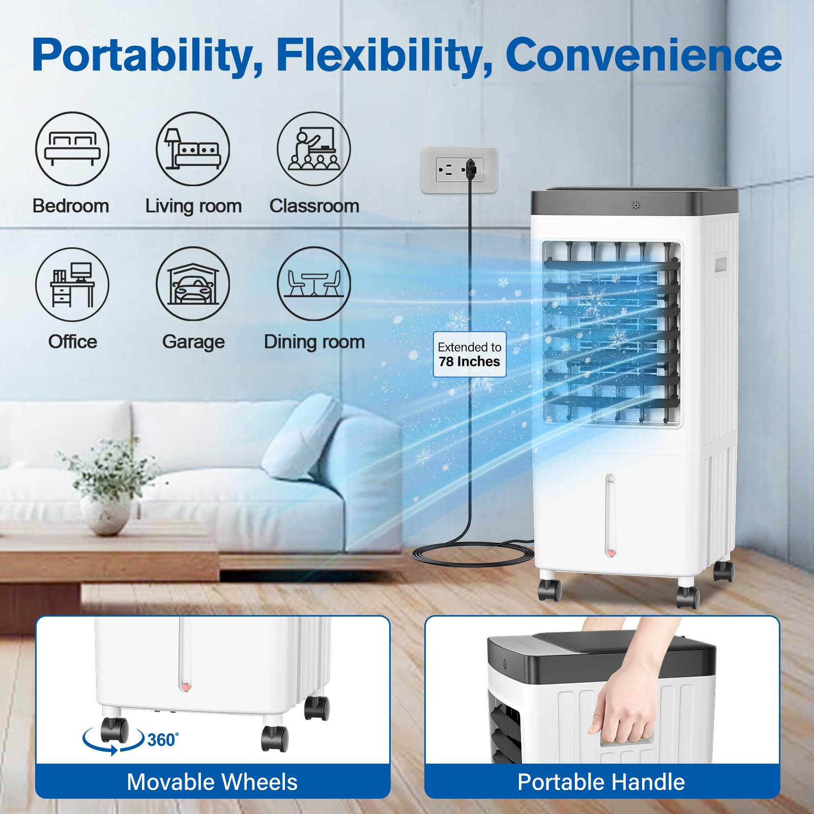 Portable Air Conditioners with 3 Gal Water Tank,20H Cooling Time Swamp Cooler,Air Conditioner Portable for Room with 78-Inch Extension Cord,Ideal for Office/Room/Garage/Kitchen/(Include 6 Ice Packs)74