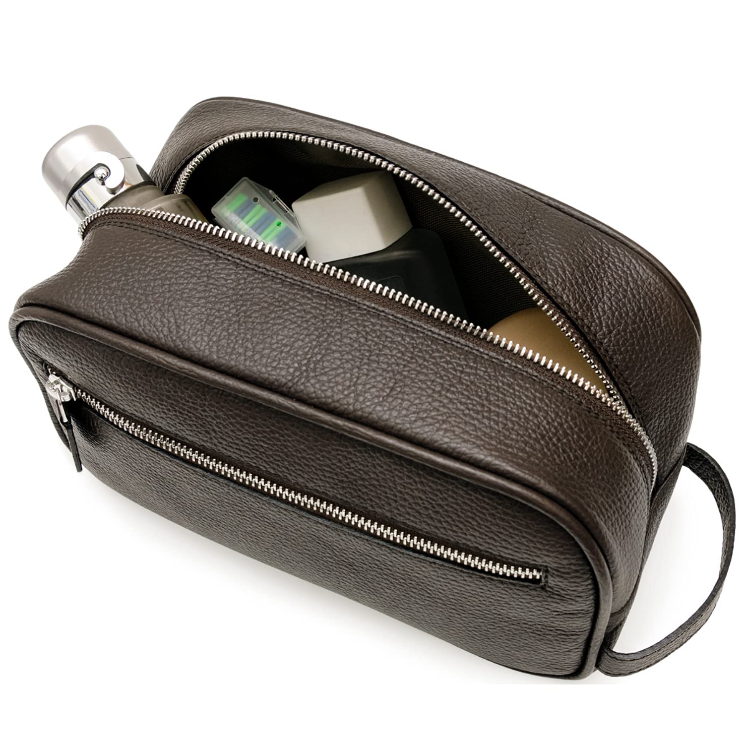Maruse Italian Leather Toiletry Travel Bag with 2 Zippered Closures for Men and Women, Handmade in Italy (Black)