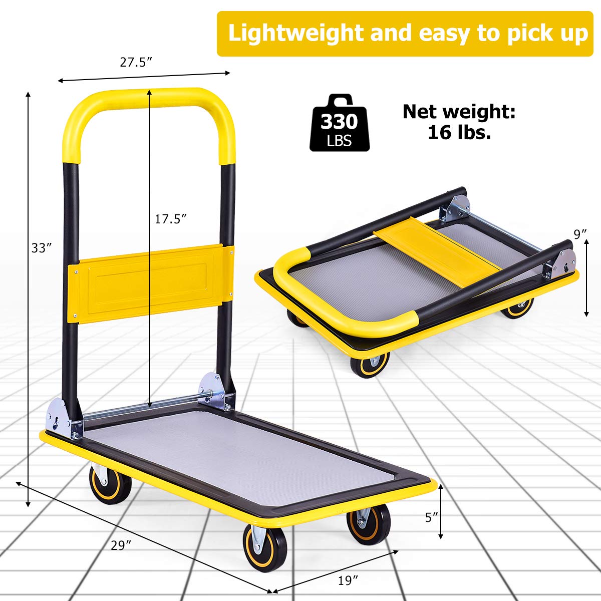S AFSTAR Folding Push Cart Dolly, Rolling Platform Cart for Garage Warehouse, Portable Flatbed Cart with Non-Slip Swivel Casters (330Lbs Load-Bearing Capacity, Yellow)