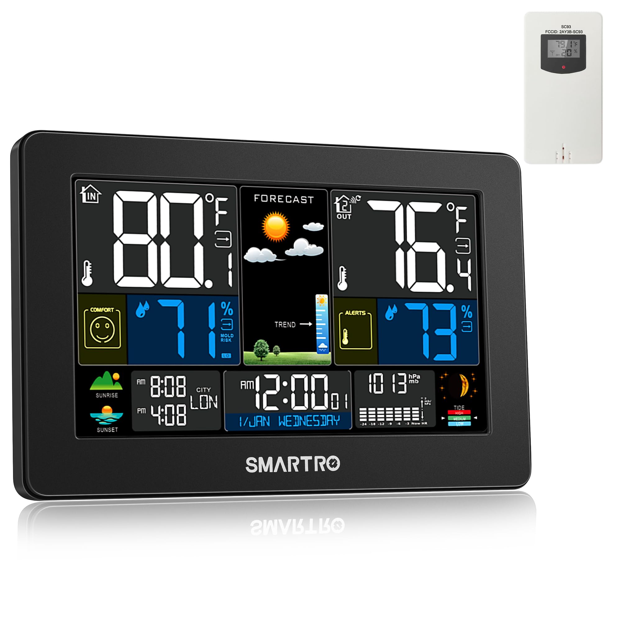 SMARTRO Weather Station Wireless Indoor Outdoor Thermometer for Home, Large Color Display Digital Ambient Weather Clock, Forecast Stations with Barometer, Temperature Humidity Monitor with Moon Phase