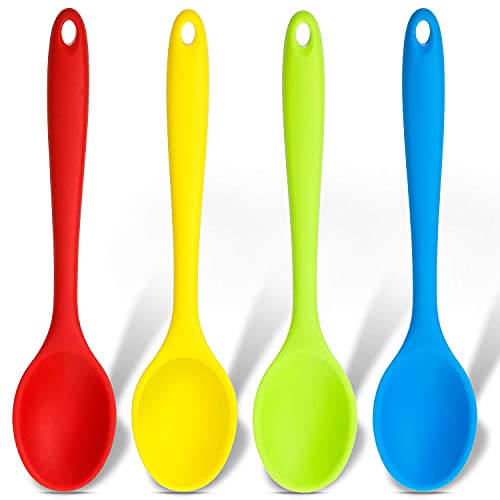 Patelai 4 Pieces Small Multicolored Silicone Spoons Nonstick Kitchen Spoon Silicone Serving Spoon Stirring Spoon for Kitchen Cooking Baking Stirring Mixing Tools (Dark Red, Green, Yellow, Blue)