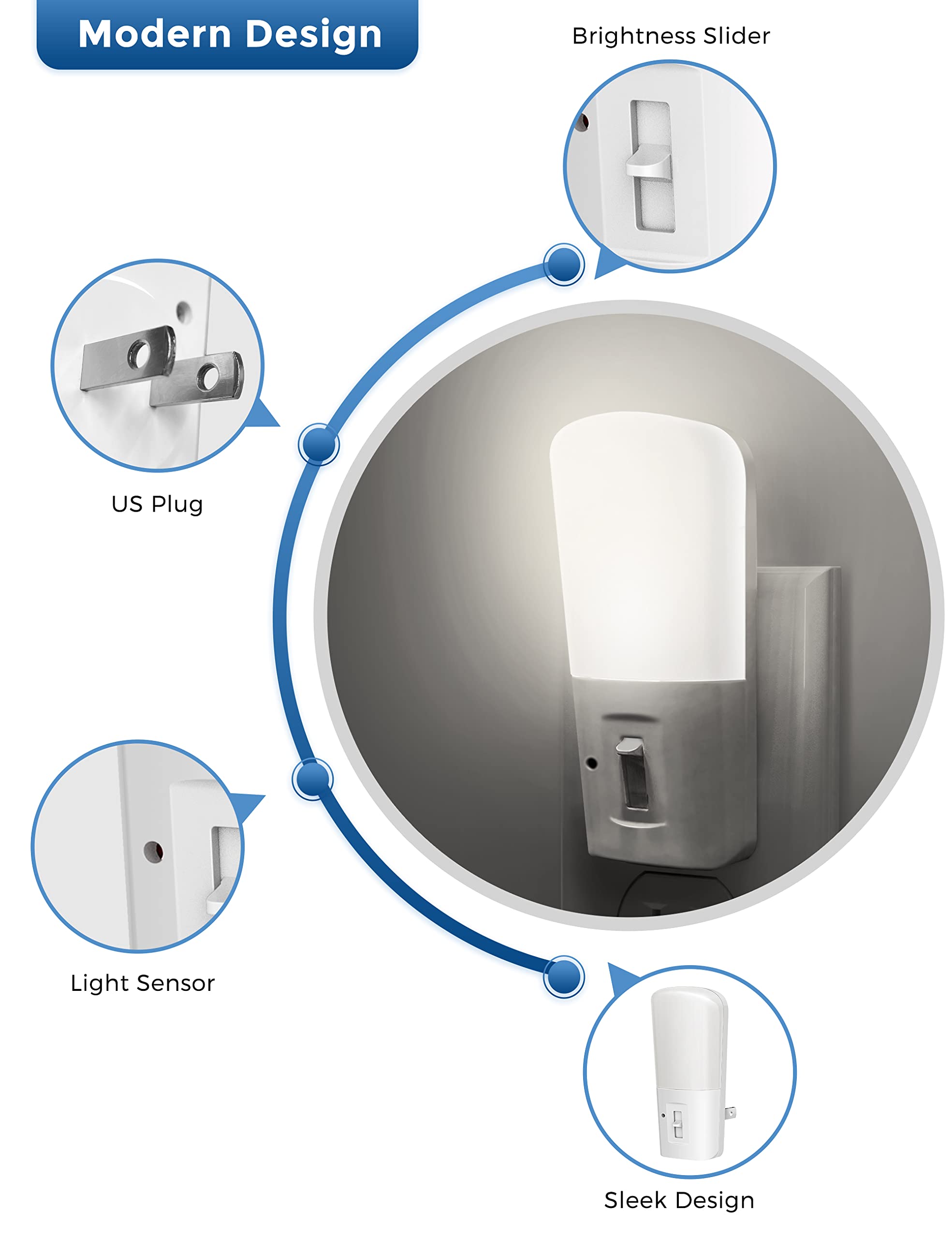 LOHAS Dimmable LED Night Light, Night Lights Plug into Wall, Dusk-to-Dawn Sensor, Daylight White 5000K, Adjustable Brightness 5-80lm Sleep Nightlight for Baby Nursery Bathroom Hallway, 2 Pack