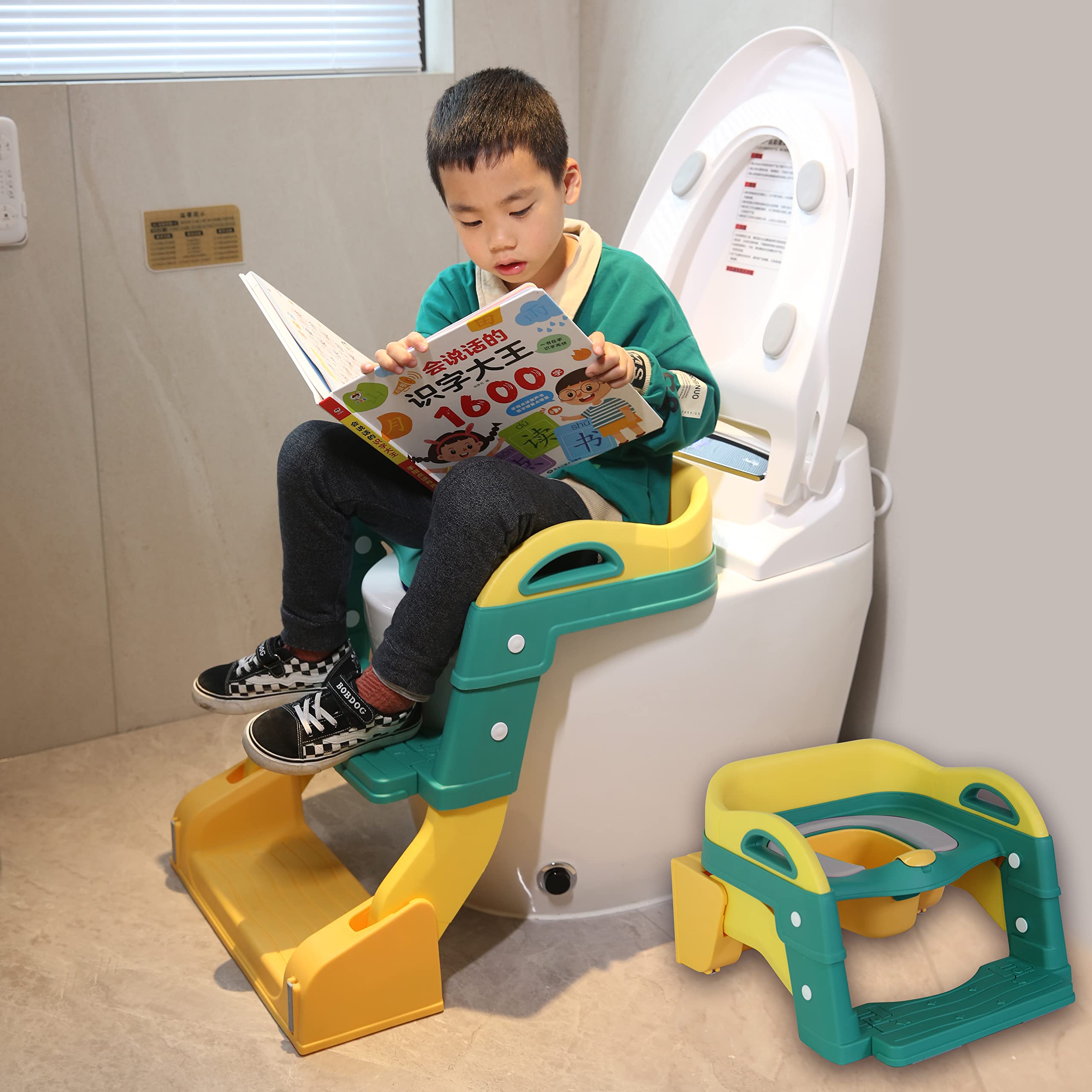 QH baby 2-in-1 Potty Training Toilet and widened double step Toilet Ladder,suitable for boys and girls aged 1-10 with Toilet Training needs