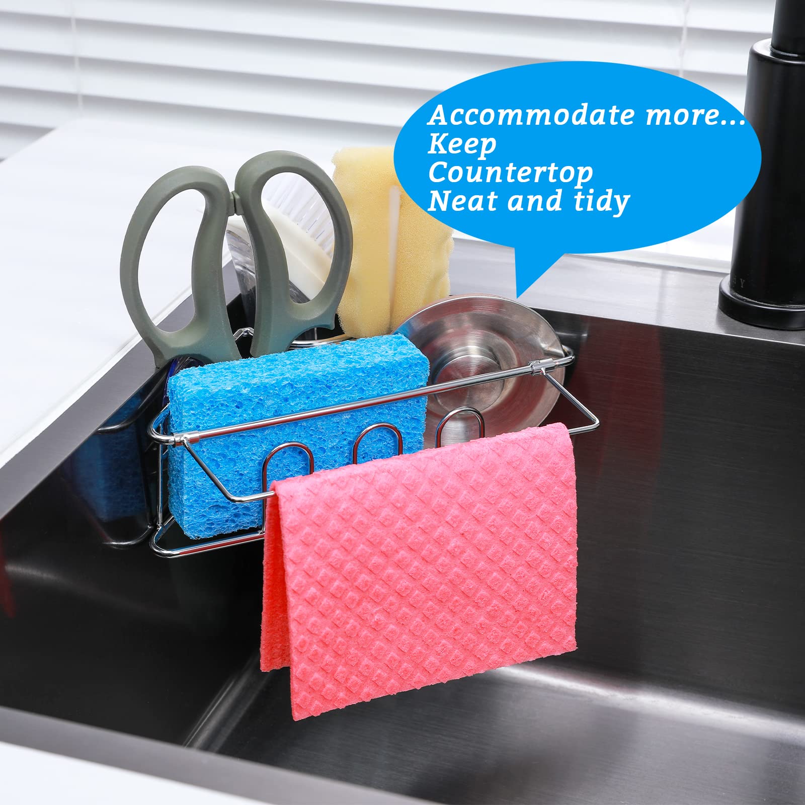 MAISEEN Kitchen Sink Caddy Sponge Holder, Space Saving Kitchen Sink Organizer + Sink Brush Holder + Dish Rag Holder, 304 Stainless Steel, Multi-Purpose 6 In 1 Kitchen Sink Accessories. Silver