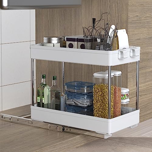 SZIPJAMP White Under Sink Organiser Houseware Cabinet Basket Organizer Simple Storage Shelf with Sliding Rail White Standing Rack for Kitchen Bathroom