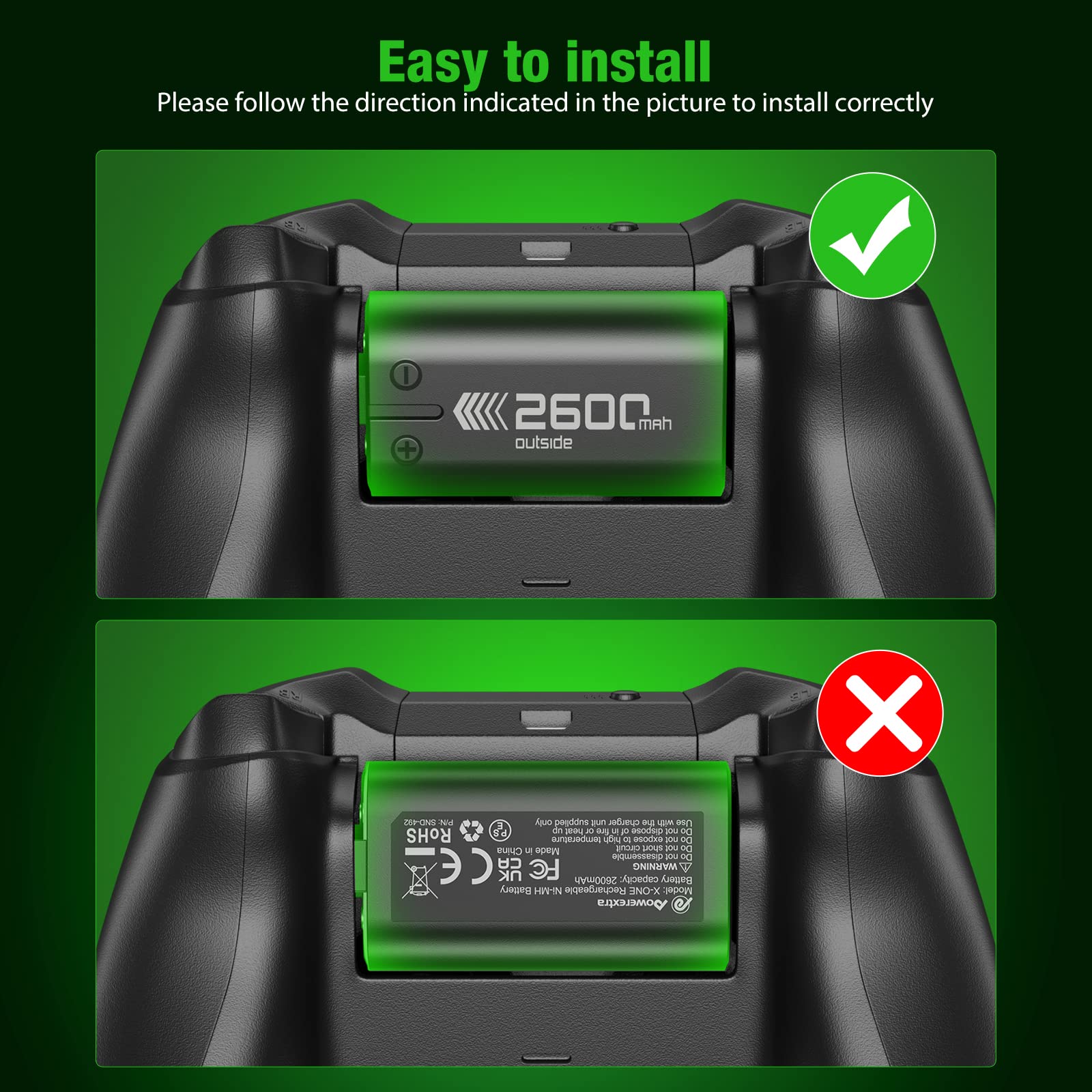 Powerextra Fast Charger Battery Pack for Xbox Controller, 4x2600mAh Rechargeable Batteries for Xbox Series X/S/One X/S/Elite Controllers, Charger Station for Xbox One Battery Pack