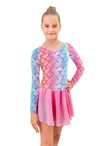 Long Sleeve Leotards for Girls Gymnastics Colorful Stripes Mermaid Size 6-7 Skirts