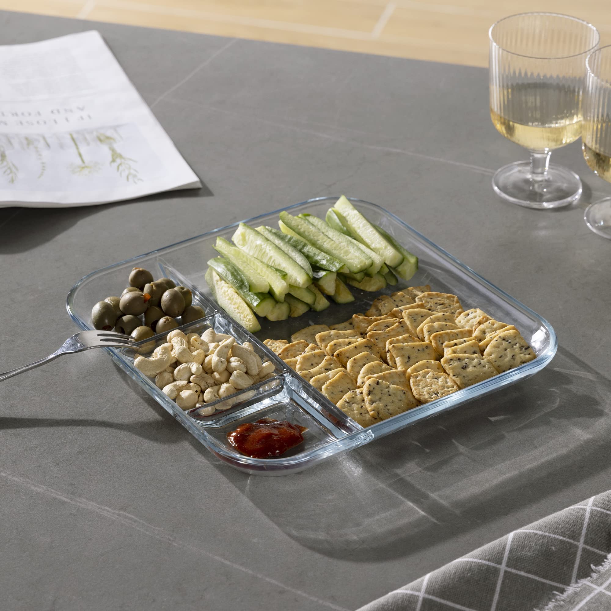 Navaris Glass Divided Plates (Set of 2) - 4 Section Divider Snack Plate for Adults, Serving, Portion Control - Square Clear Platter with Food Dividers