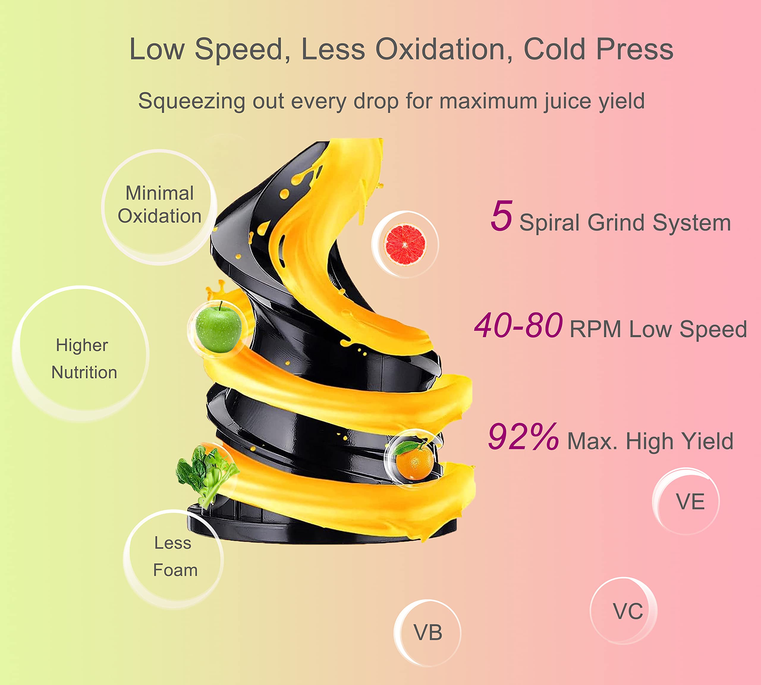Qvin Compact Slow Masticating Juicer machines 3inch Large Feed Chute, Easy to Clean, BPA Free, 200W Nutritional electrical Cold Press Juicer machine vegetable and fruit,Deluxe Silver-gray