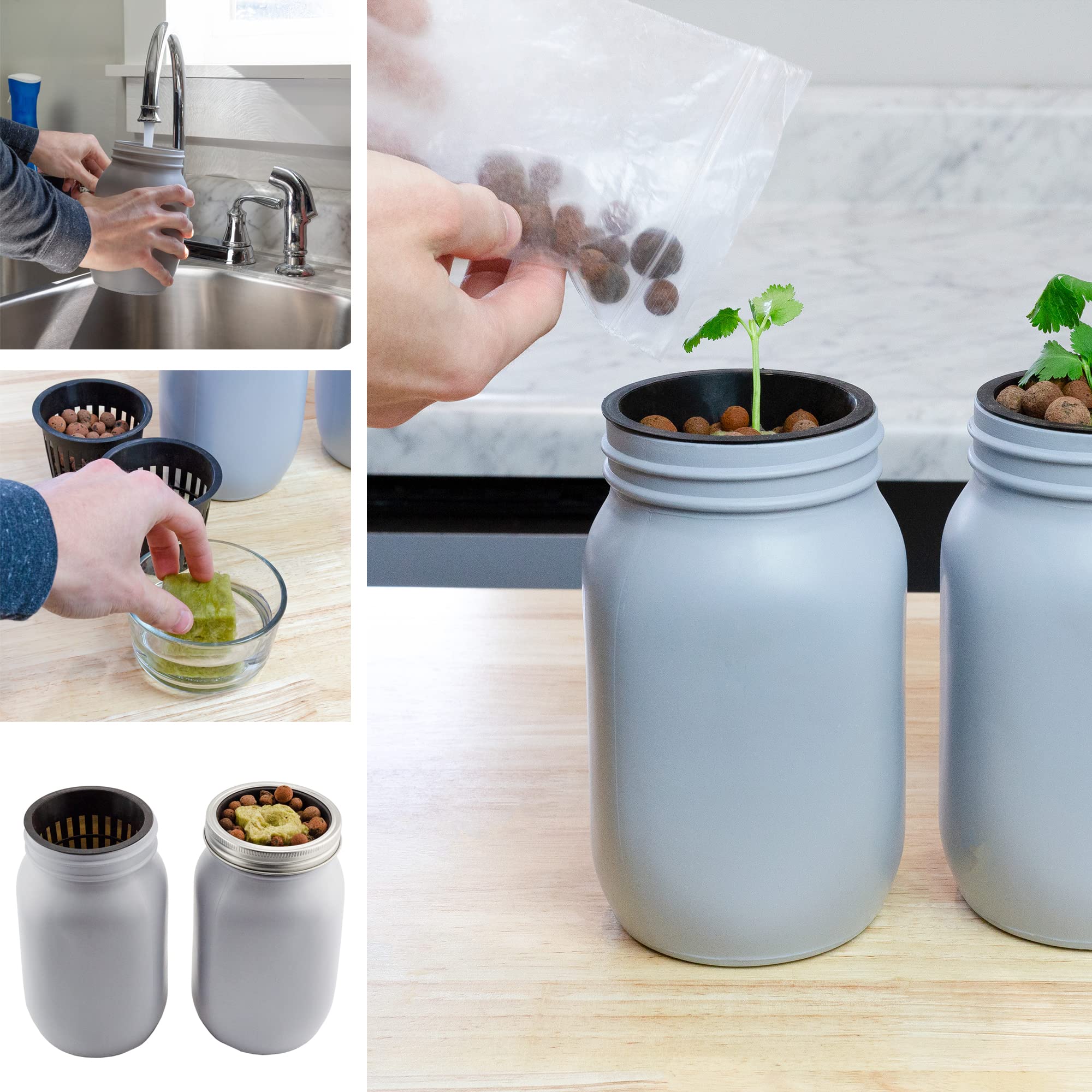 Hydroponic Mason Jar Starter Kit (10-Piece Set); w/Painted Mason Jars, Net Pots, Rockwool, Clay Pebbles and Instructions