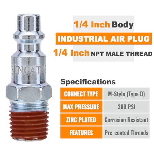 SUNGATOR 1/4-Inch NPT Male Industrial Air Plug, 1/4'' Pneumatic Plugs, Air Hose Fitting, 1/4'' Quick Connect Air Fitting, Air Hose Repair Plug Kit Compatible with I/M/D Type Air Coupler (25-Pack)