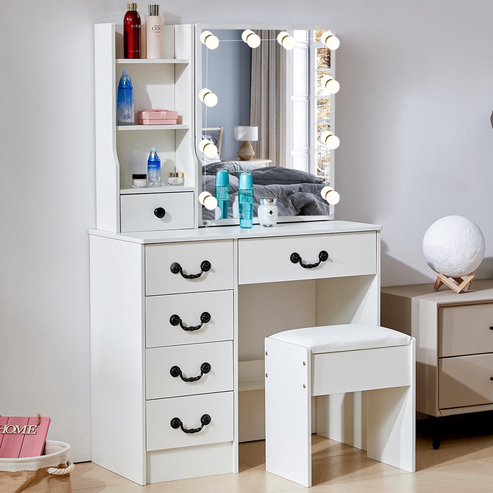 JBLCC Vanity Desk with Mirror & Light, Makeup Vanity with Sliding Mirror, Drawers, 3 Lighting Colors, Bedroom Dressing Table Vanity Set for Girl, White (OW05)