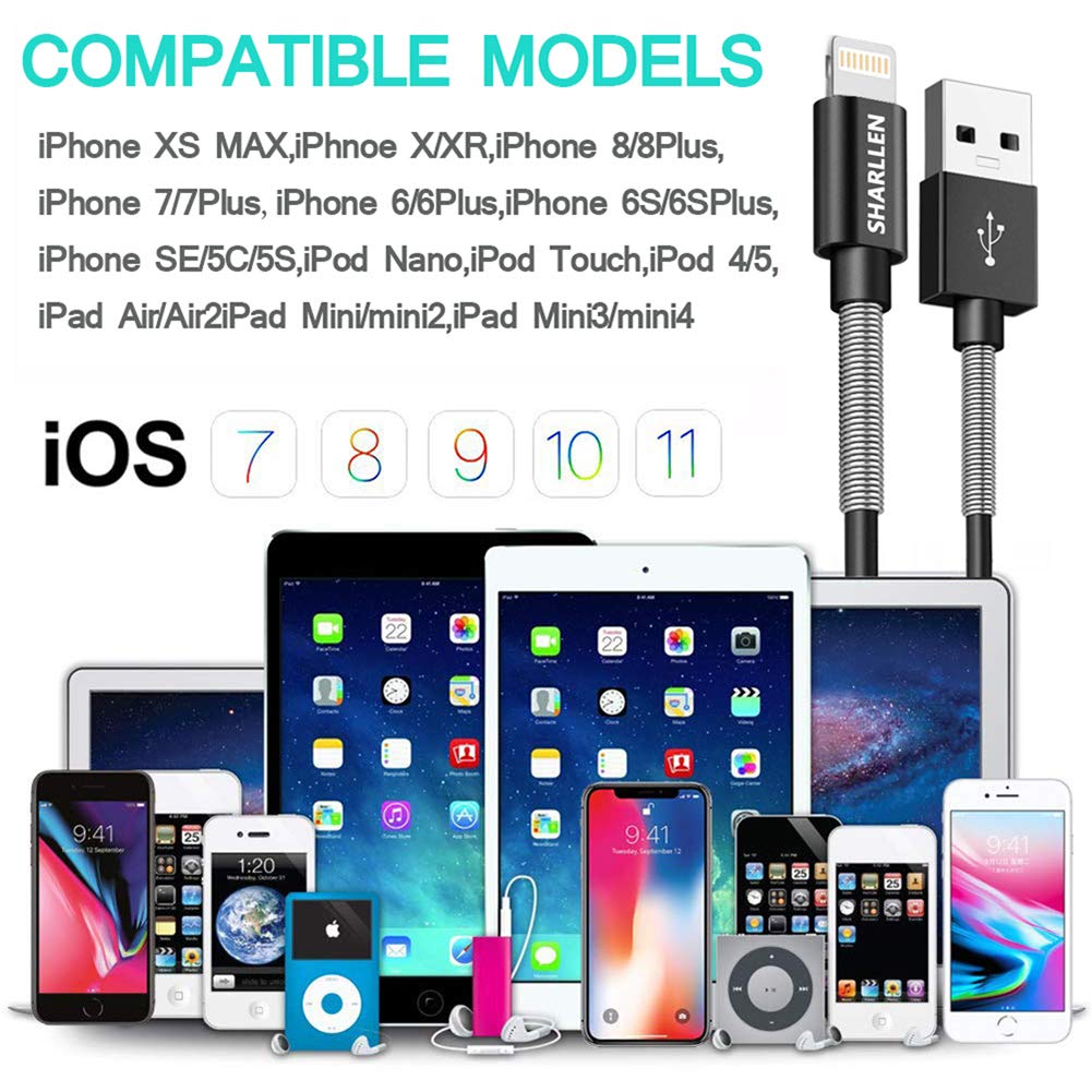 iPhone Cable Durable Lightning Charger Cable Spring iPhone Cord Fast iPhone Data Cable 5Pack 6FT USB Lightning Charging Cable Compatible iPhone XS/Max/XR/X/8/8P/7/7P/6S/iPad/iPod/IOS (Black)