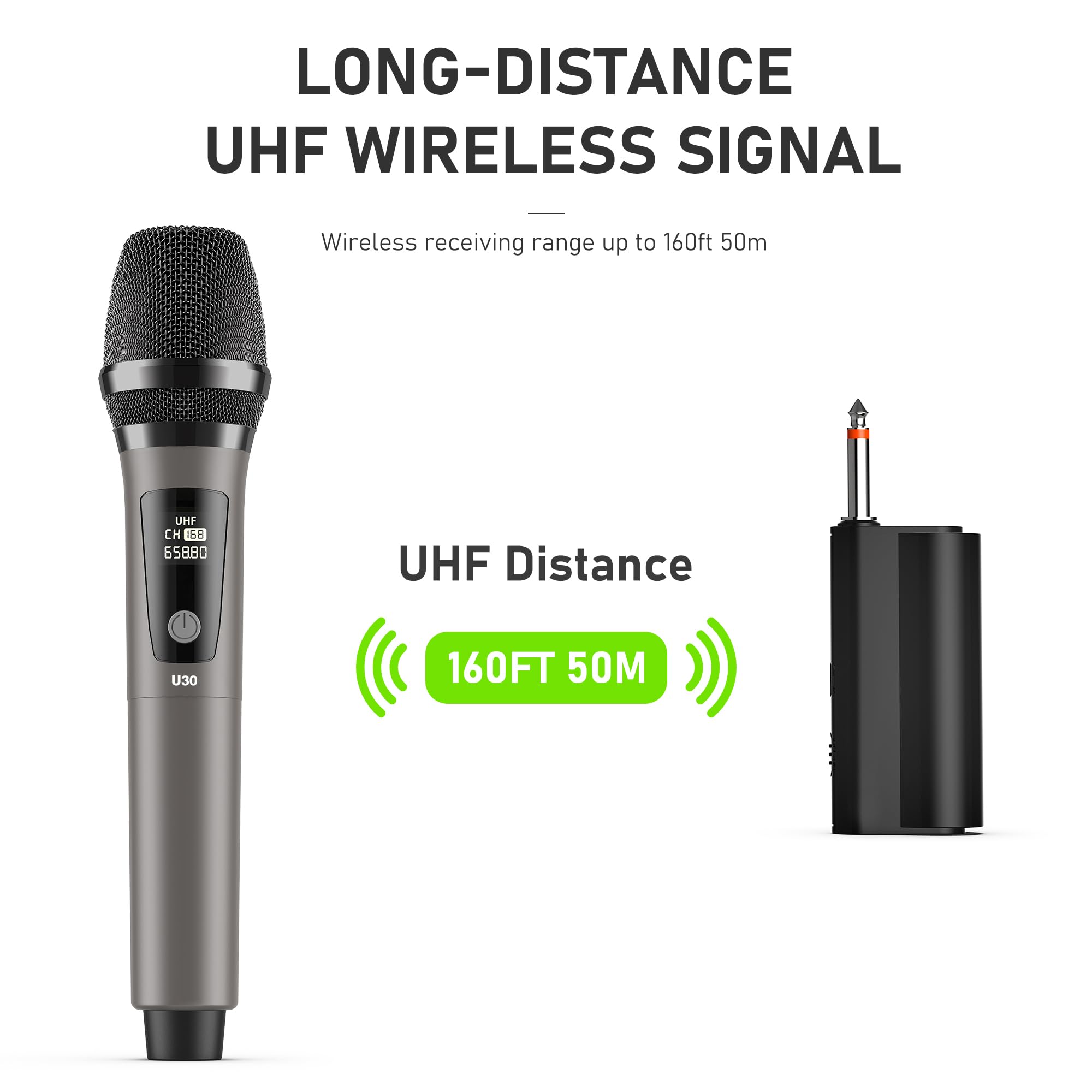 JYX Wireless Microphone, Dual UHF Metal Rechargeable Handheld Dynamic Cordless Mic, Karaoke Microphone with Receiver, 6.35mm (1/4") Output, 3.5mm (1/8") Adapter, 160 ft Range, for Party, DJ, Meeting