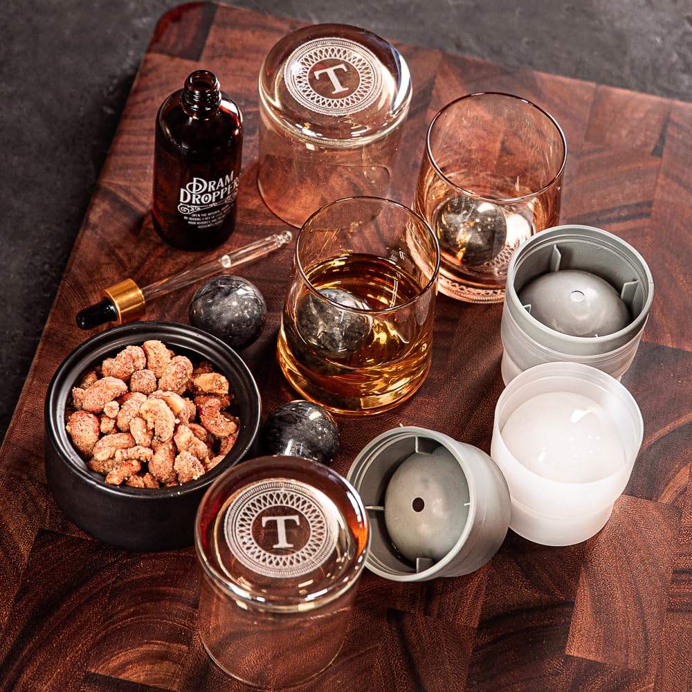 Man Crates Personalized Whiskey Crate – Includes 4 Amber Tinted Whisey Glasses, 2 Ice Sphere Molds, 4 Whiskey Stone Spheres,and More – Drinking Gift for Men