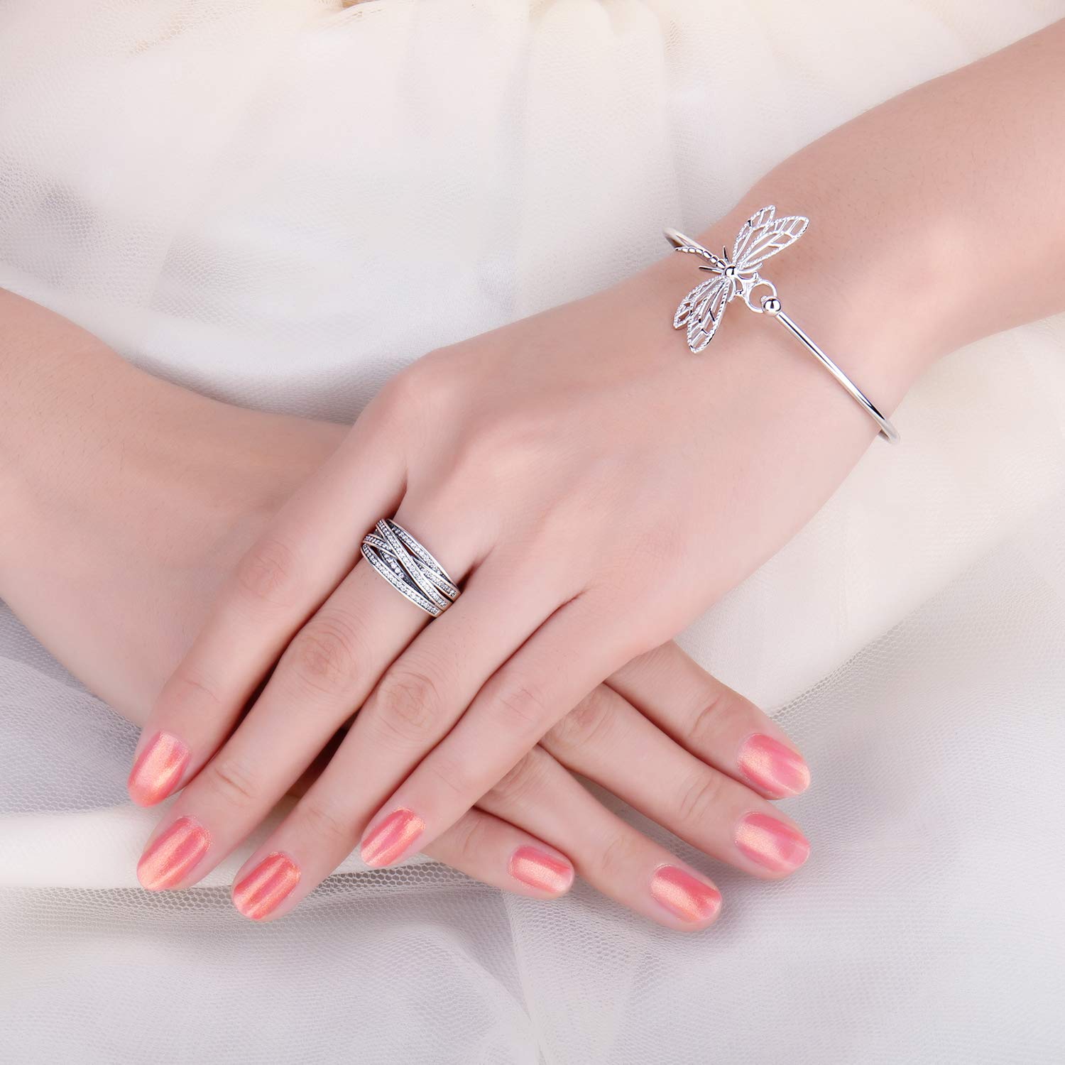 JewelryPalace 925 Sterling Silver Hollow Dragonfly Open Bangle Bracelet Women Anniversary