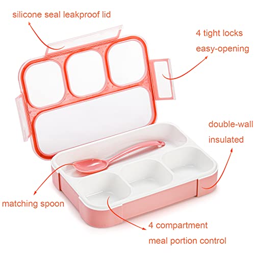 yarlung 2 Pack 34 Oz Bento Lunch Box with Spoon, 4 Compartments Salad Lunch Container Snacks To Go Box for Meal Portion Control, 2 Colors