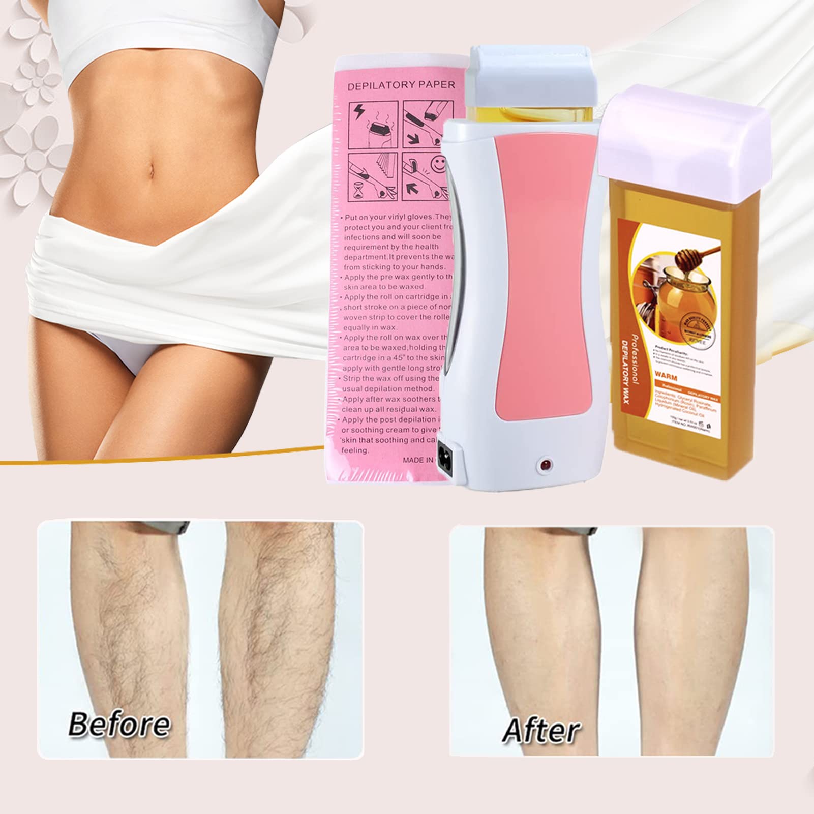 Roll On Wax Kit, Honey Roller Waxing Kit for Sensitive Skin, Hair Removal Roll On Wax Warmer with 2 Wax Roller Cartridge Refill,100 pcs Wax Strips, for Legs Arms and Underarm