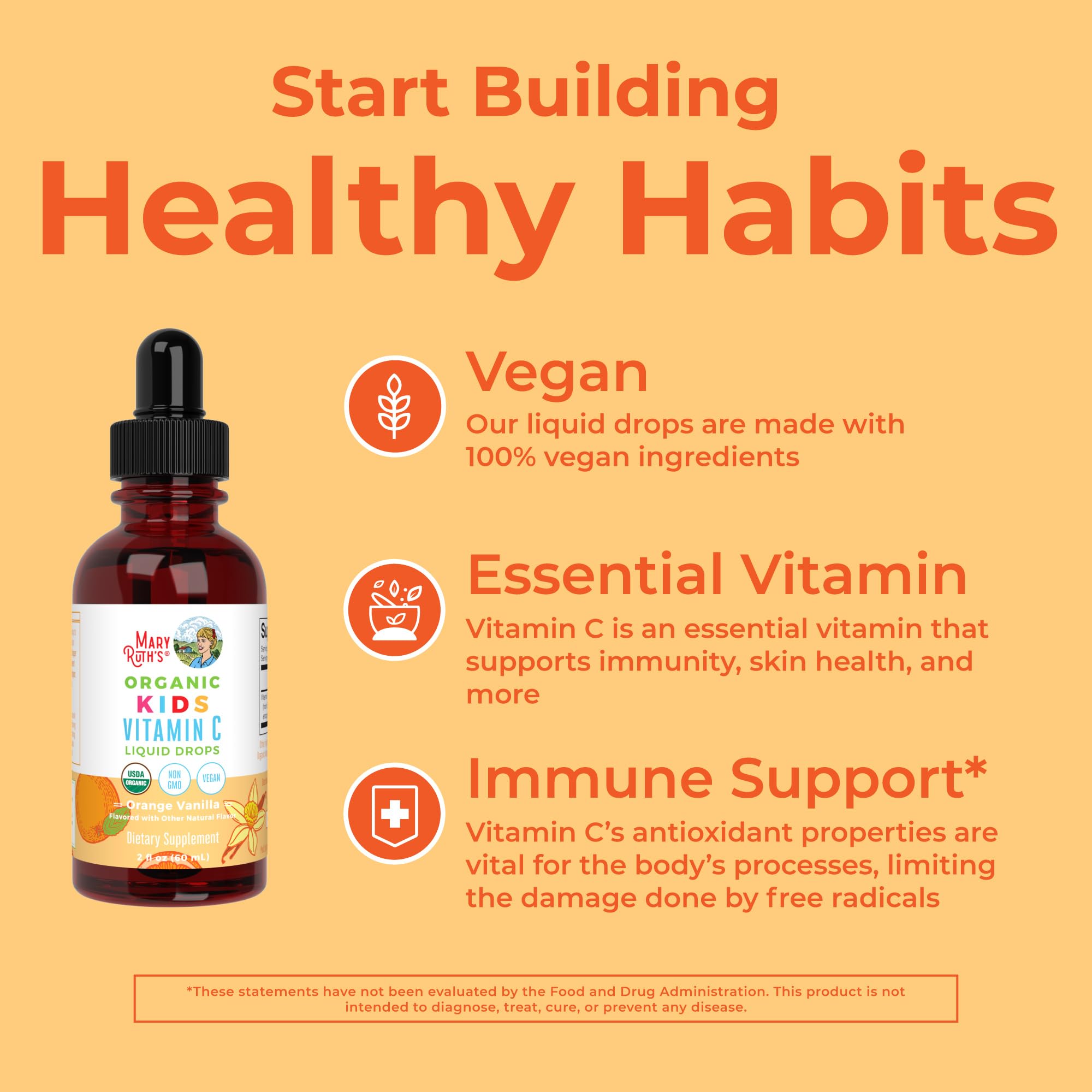 MaryRuth Organics USDA Organic Kids Vitamin C Drops | Vegan Vitamin C Immune Support Supplement for Ages 4-13 | Immune Support & Overall Health | Vitamin C from Organic Acerola Fruit Extract | 2oz