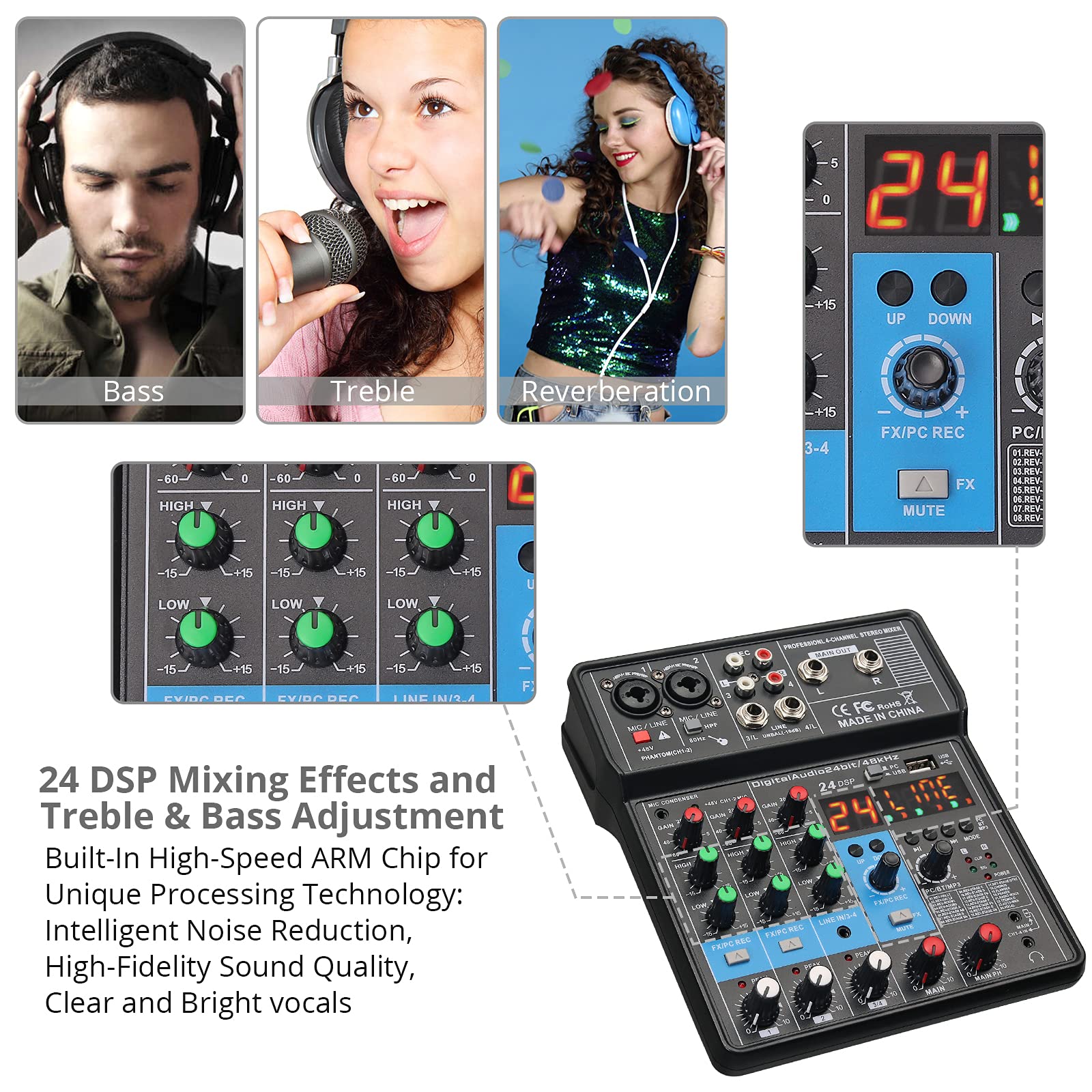 PROZOR Professional Audio mixer,4-Channel Audio Mixersound board Console with 24 DSP USB Bluetooth MP3 Computer Input 48V Phantom Power for PC Recording Webcast Party Singing