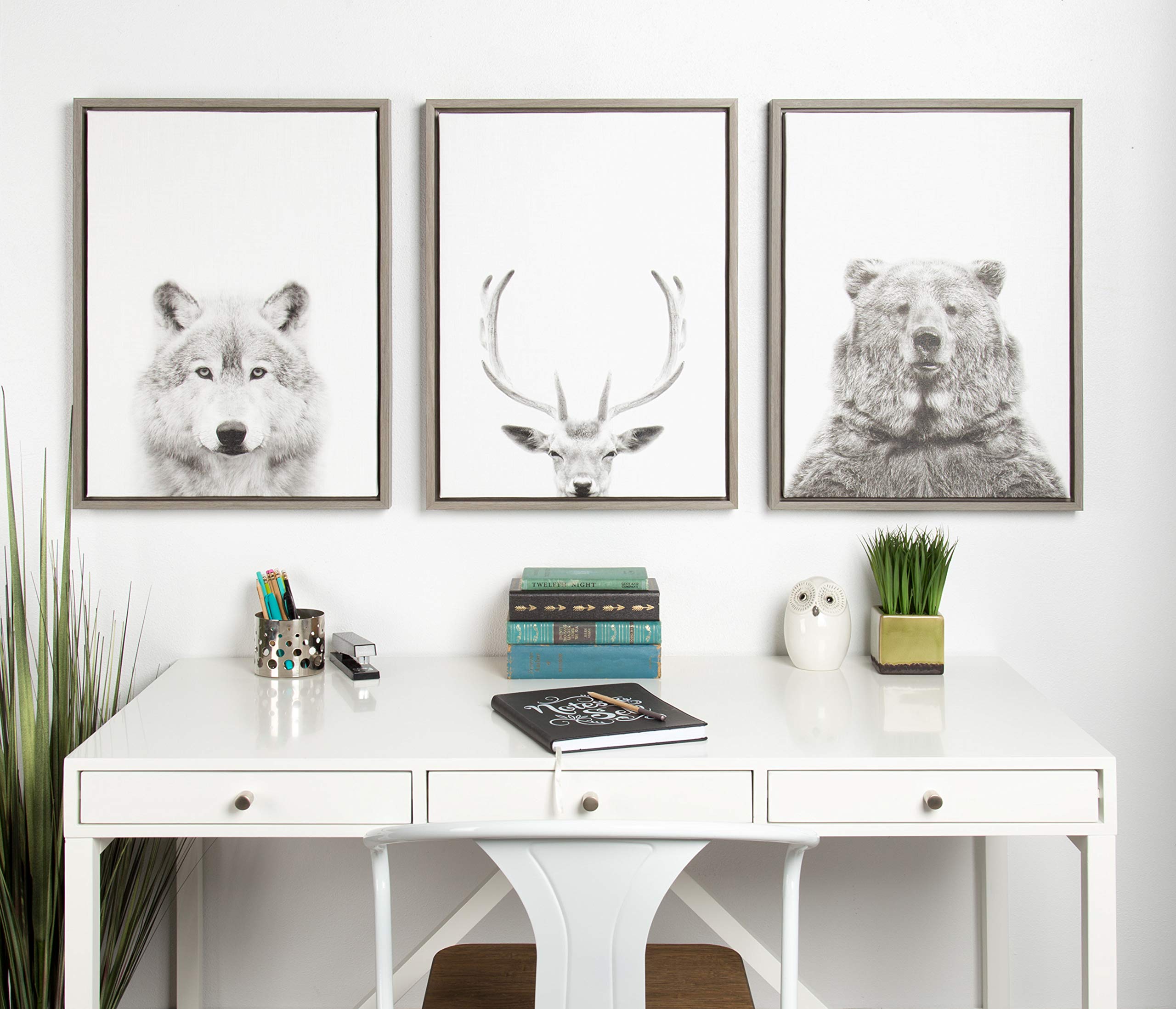 Kate and Laurel Sylvie Bear Animal Print Black and White Portrait Framed Canvas Wall Art by Simon Te Tai, 18x24 Gray