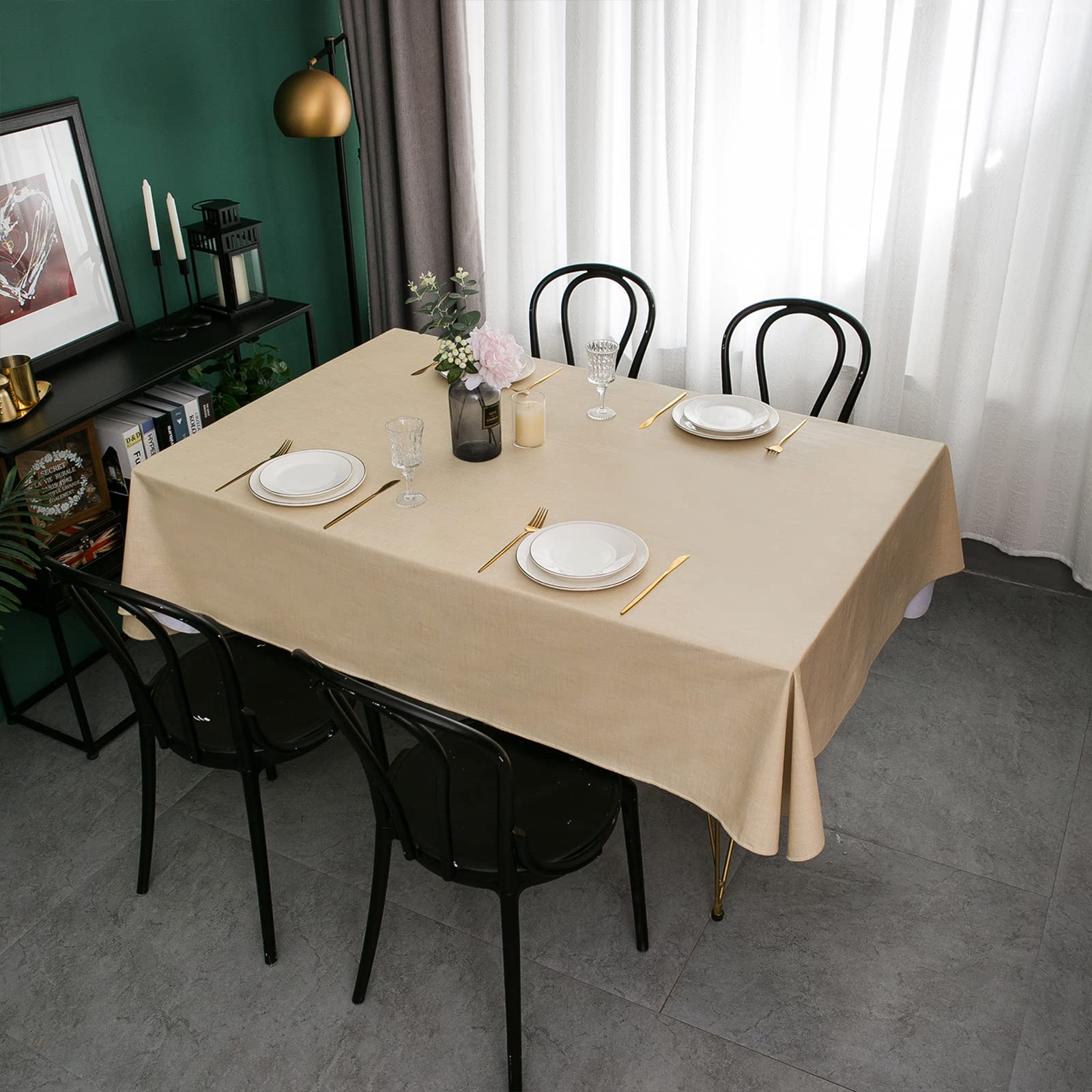 LIBERECOO Vinyl Tablecloth with Flannel Backing Waterproof Oil-Proof Plastic Table Cloth Wipeable PVC Table Cover for Indoor and Outdoor (Champagne Color, 60 x 84 Inch (6-8 Seats))