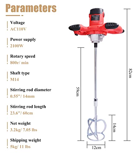 Portable Concrete Mixer 110V 2100W Electric Handheld 6 Gears for Thinset Cement Plaster Grout Paint Mud Mixing with 23.6" Stirring Rod (Red)