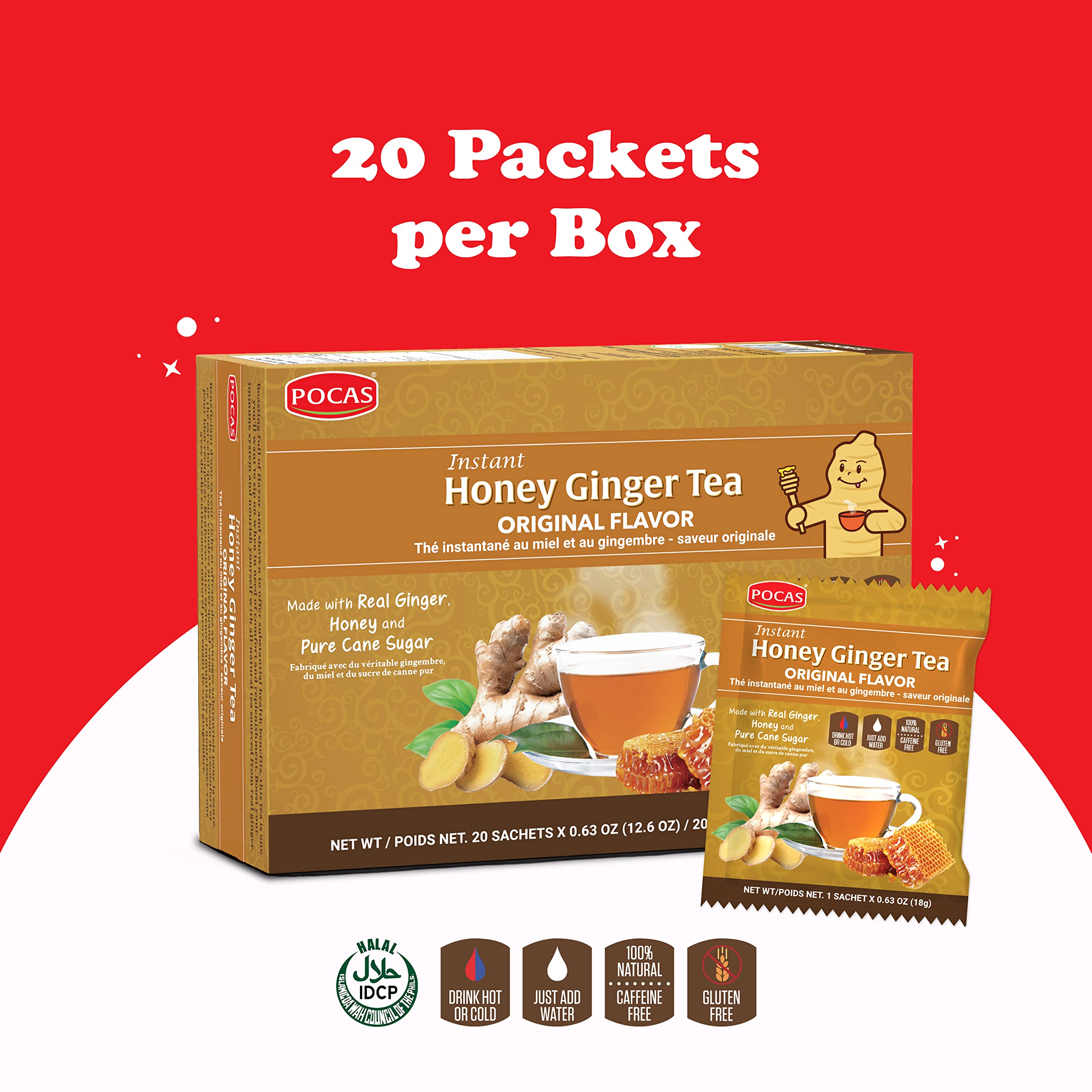 Pocas Honey Ginger Tea - Instant Tea Powder Packets with Ginger Honey Crystals Tea, Non-GMO/Gluten Free/Caffeine Free, 20 Count