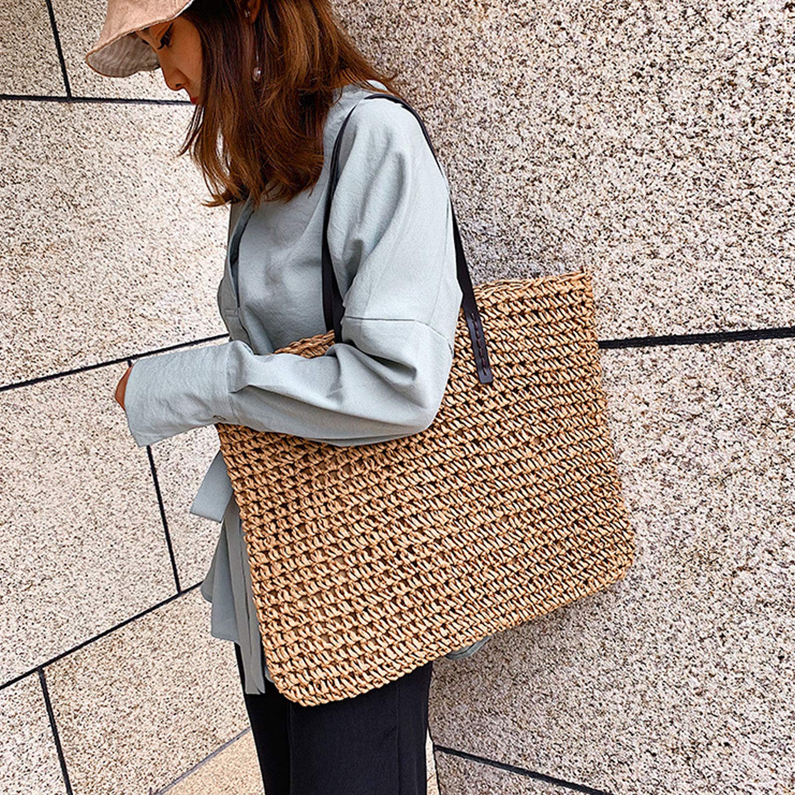LISSO Women Summer Beach Weaving Shoulder Bag Straw Woven Large Tote for Leisure Vacation Travel (Brown)