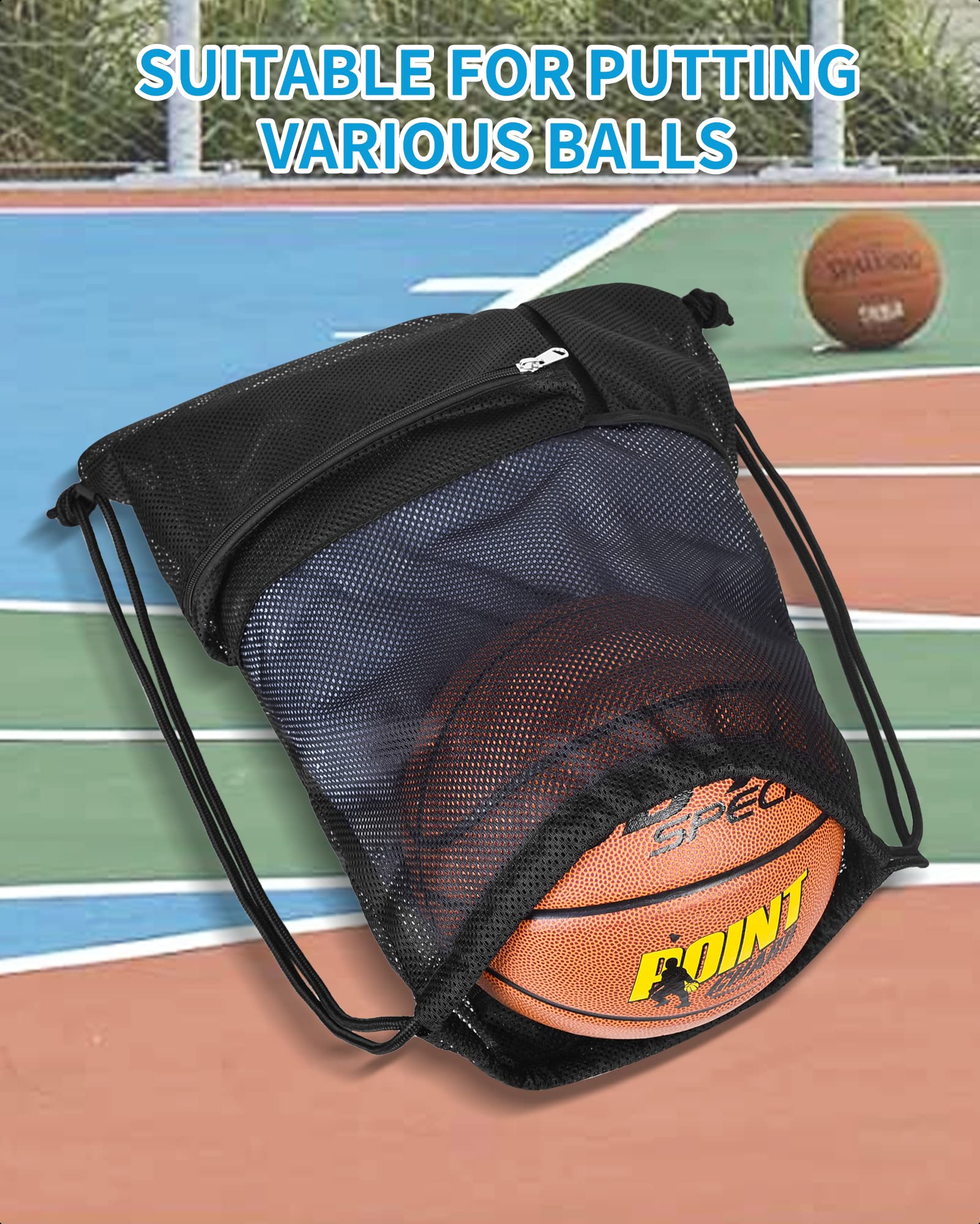 Paxiland Heavy Duty Mesh Drawstring Bag for Basketball Sport Equipment Storage Bag Drawstring Backpack for Beach Swimming Toys Gym (Black)
