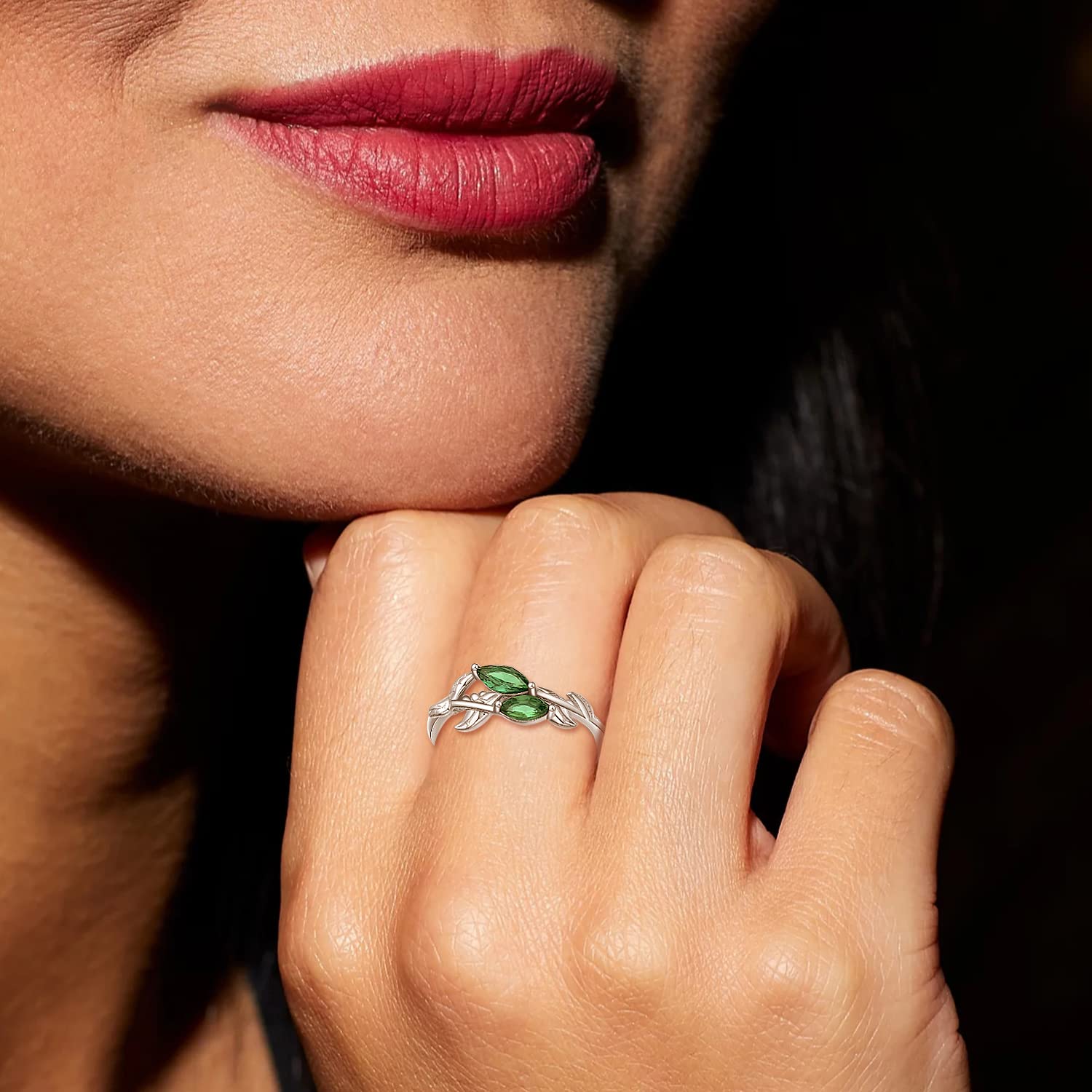 PRAYMOS Leaf Rings 925 Sterling Silver Cubic Green Zircon Adjustable Open Leaf Ring Handmade Jewelry Women's Wedding Engagement Ring
