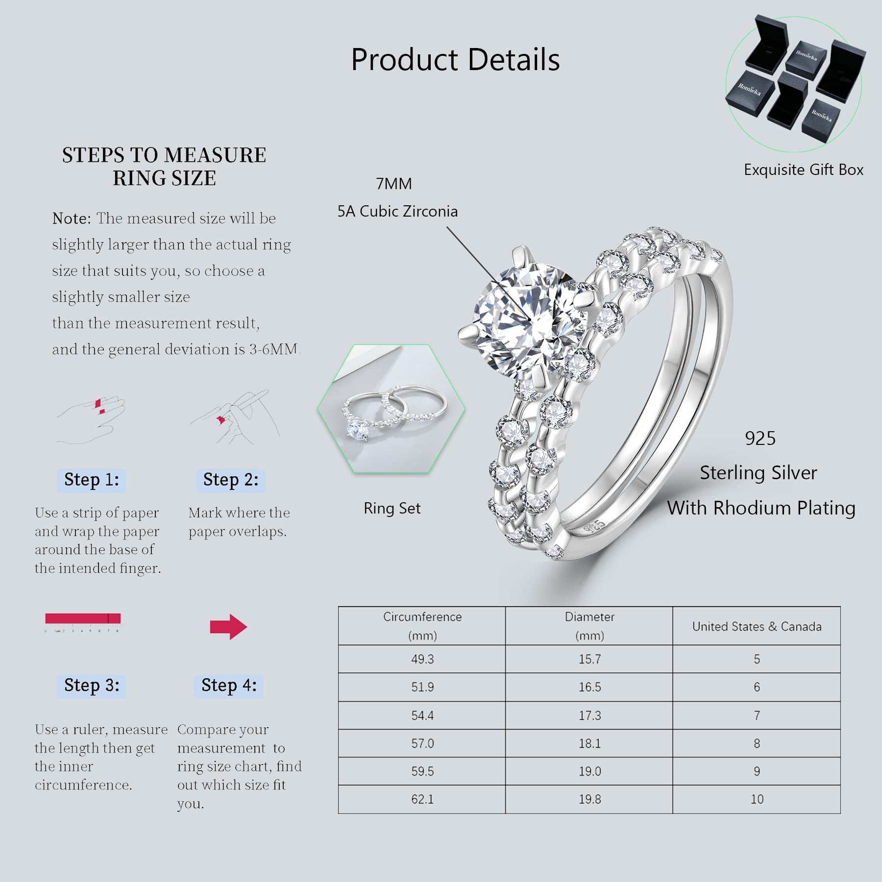 Romieka Rings Bridal Sets Wedding Rings 925 Sterling Silver with 14K White Gold Plated Cubic Zirconia Engagement Ring, Size10