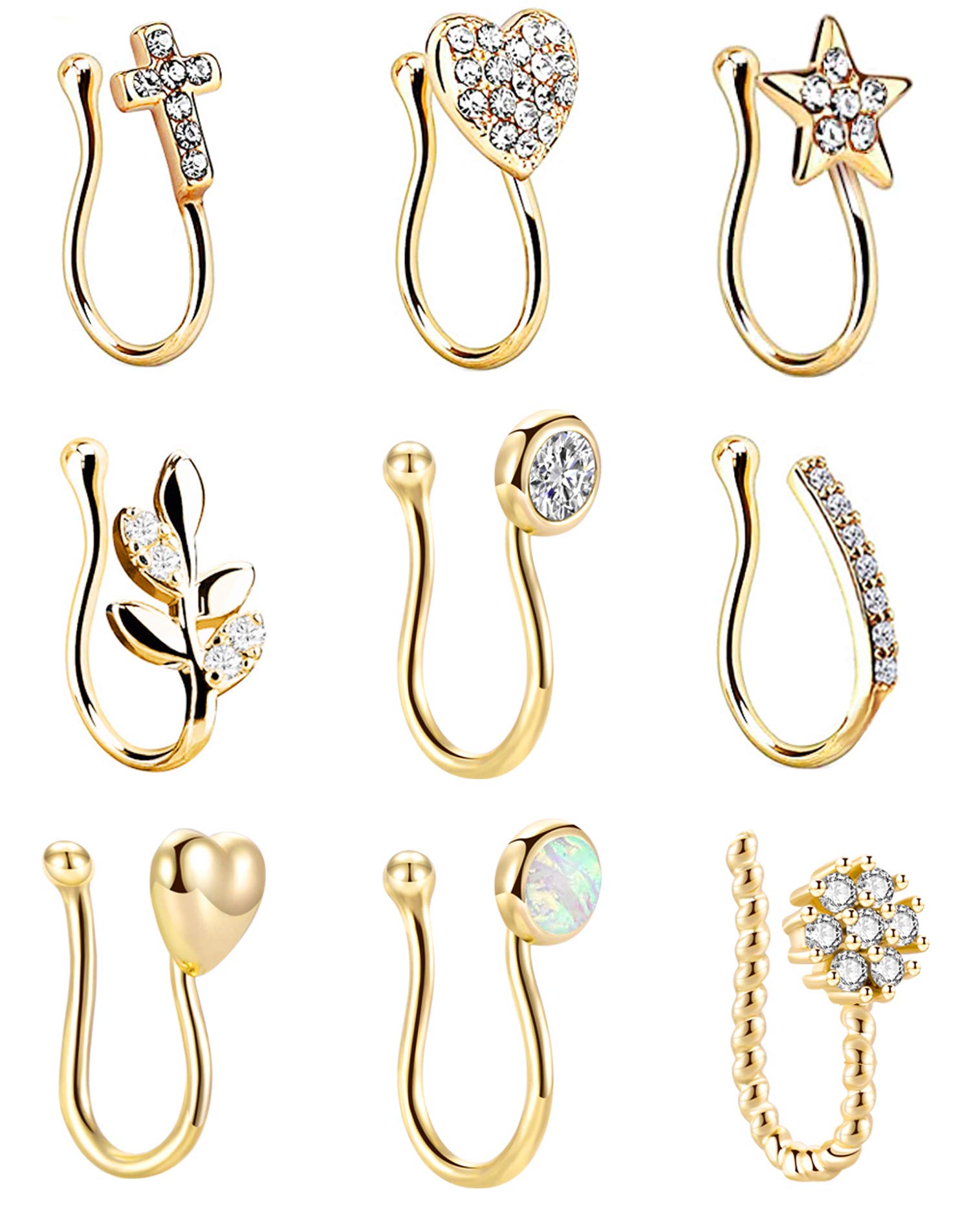 Masedy 9Pcs Fake Nose Rings Hoop Clip On Faux Setump Cartilage Tragus Ring Non Piercing Jewelry G