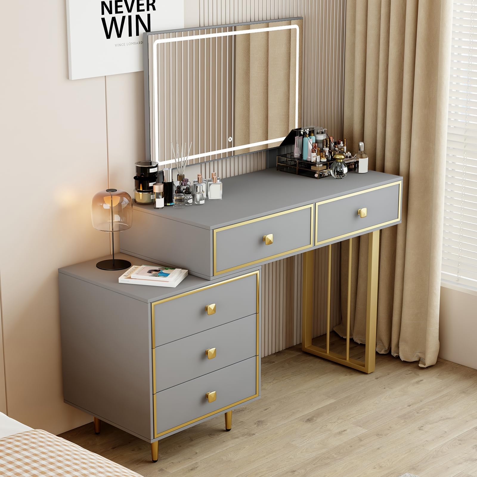 KEHUIBGAJ Modern Vanity Desk,Vanity Table,Makeup Vanity,with Lighted Mirror and 5 Spacious Drawers,Retractable Makeup Dressing Table with Nightstand,Indispensable Bedroom Furniture for Girls