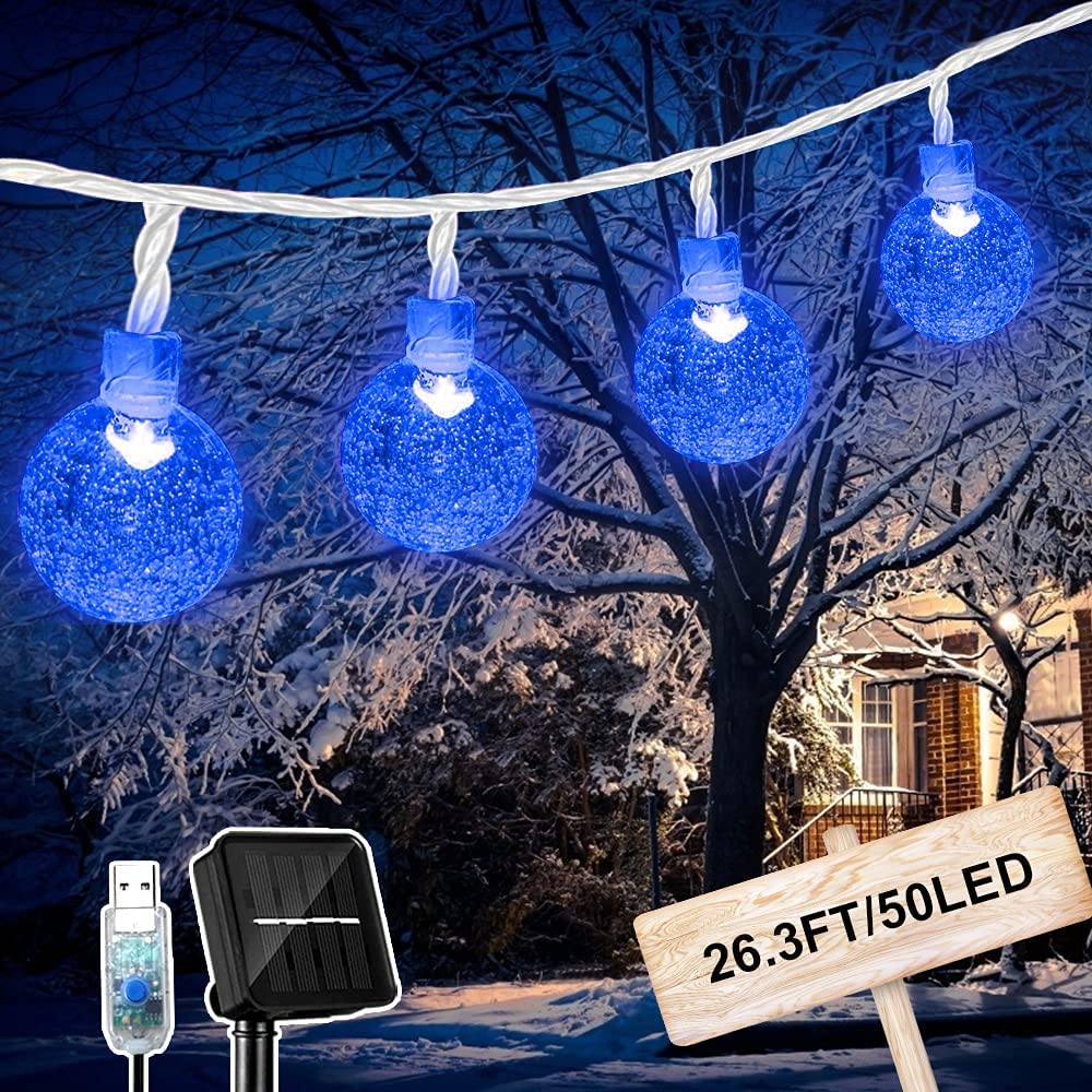 QUTTUP Blue String Lights 26ft 50 LED Indoor Outdoor, Plug in Fairy String Lights Clear Wire, 8 Modes Waterproof Christmas Tree Lights for Xmas Tree Party Bedroom Room Wall Decoration