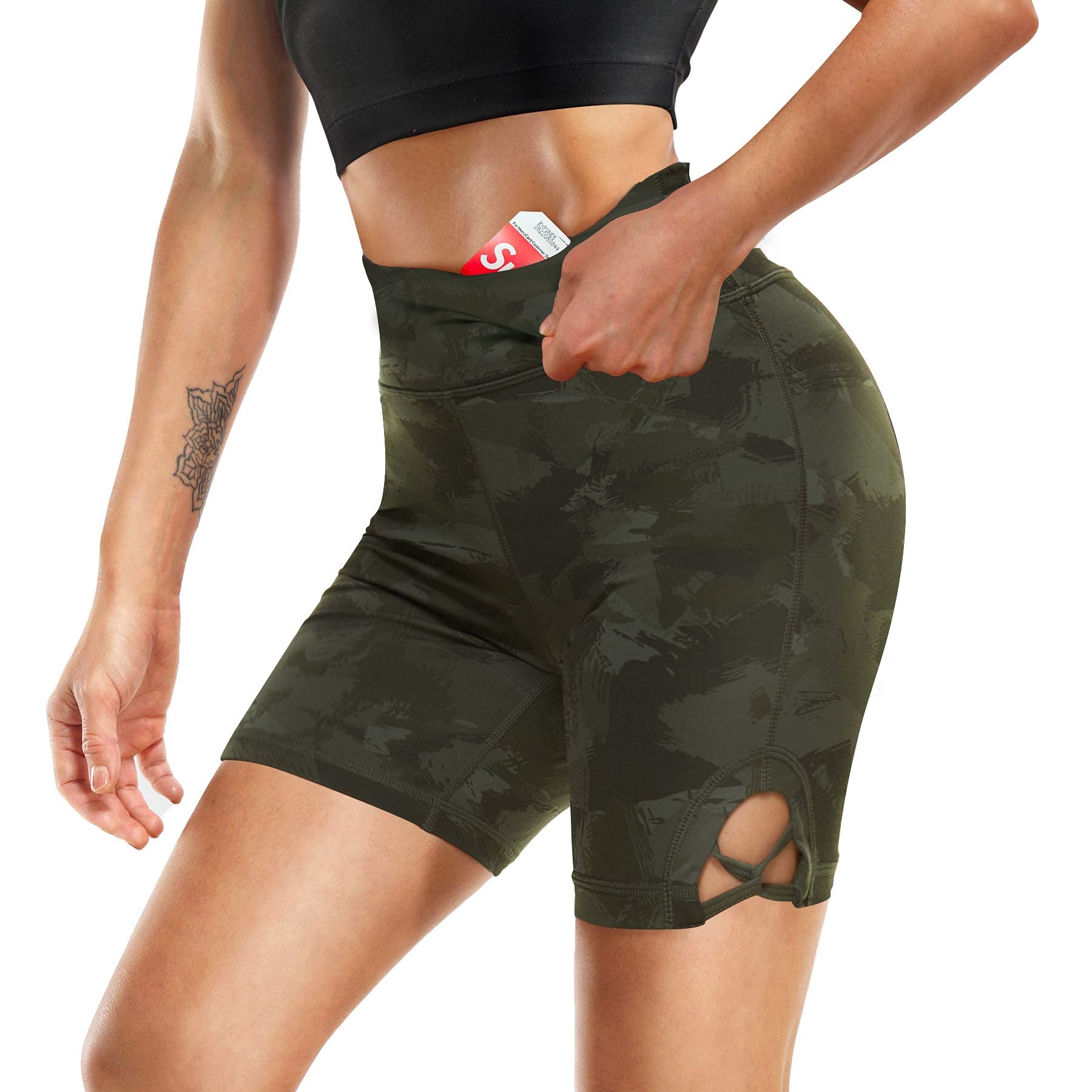 LEINIDINA Women's High Waist Yoga Shorts Tummy Control with Pocket Biker Workout Athletic Shorts Tights (Pattern Dark Green, 3X-Large)