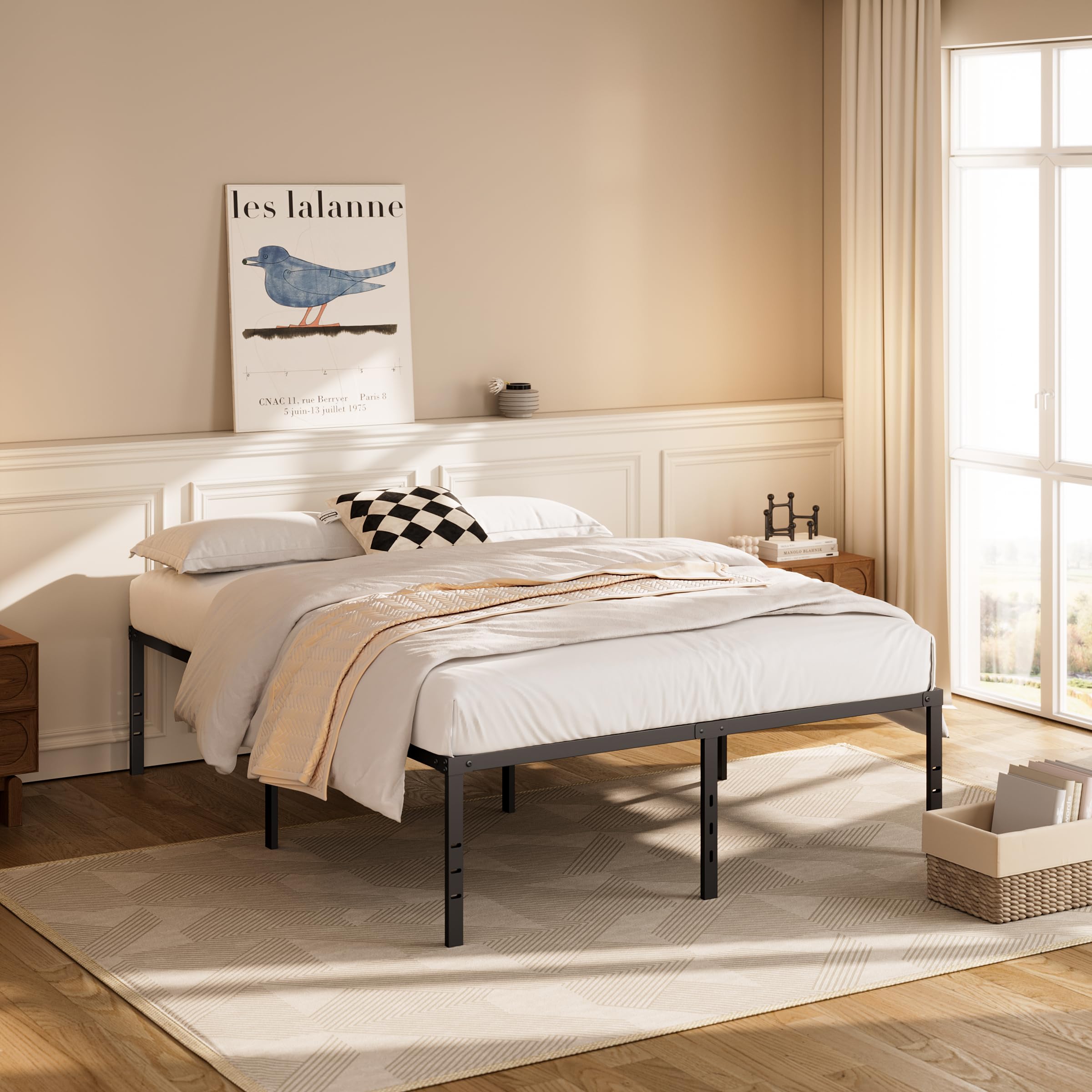 Jebosam 18 inch High Bed Frame Full Size Heavy Duty Platform Steel Support 2500 lbs Full Size Bed Frame No Box Spring Needed Non-Slip Noise Free Easy to Assembly Black Metal Bed Frame Full