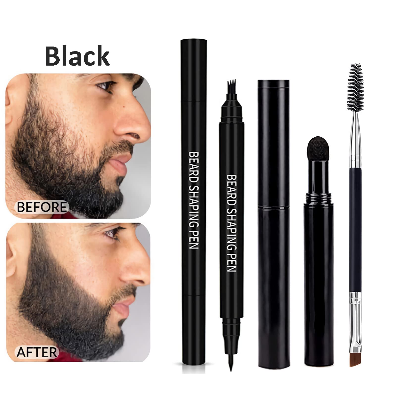 SUMEITANG Beard Pen Filler for Men, with 4 Tip Beard Filling Pen, Beard Dye and Brush for Man Creates Natural Looking Beard, Moustache and Eyebrows, Waterproof and Longlasting Beard Pencil Kit-Black