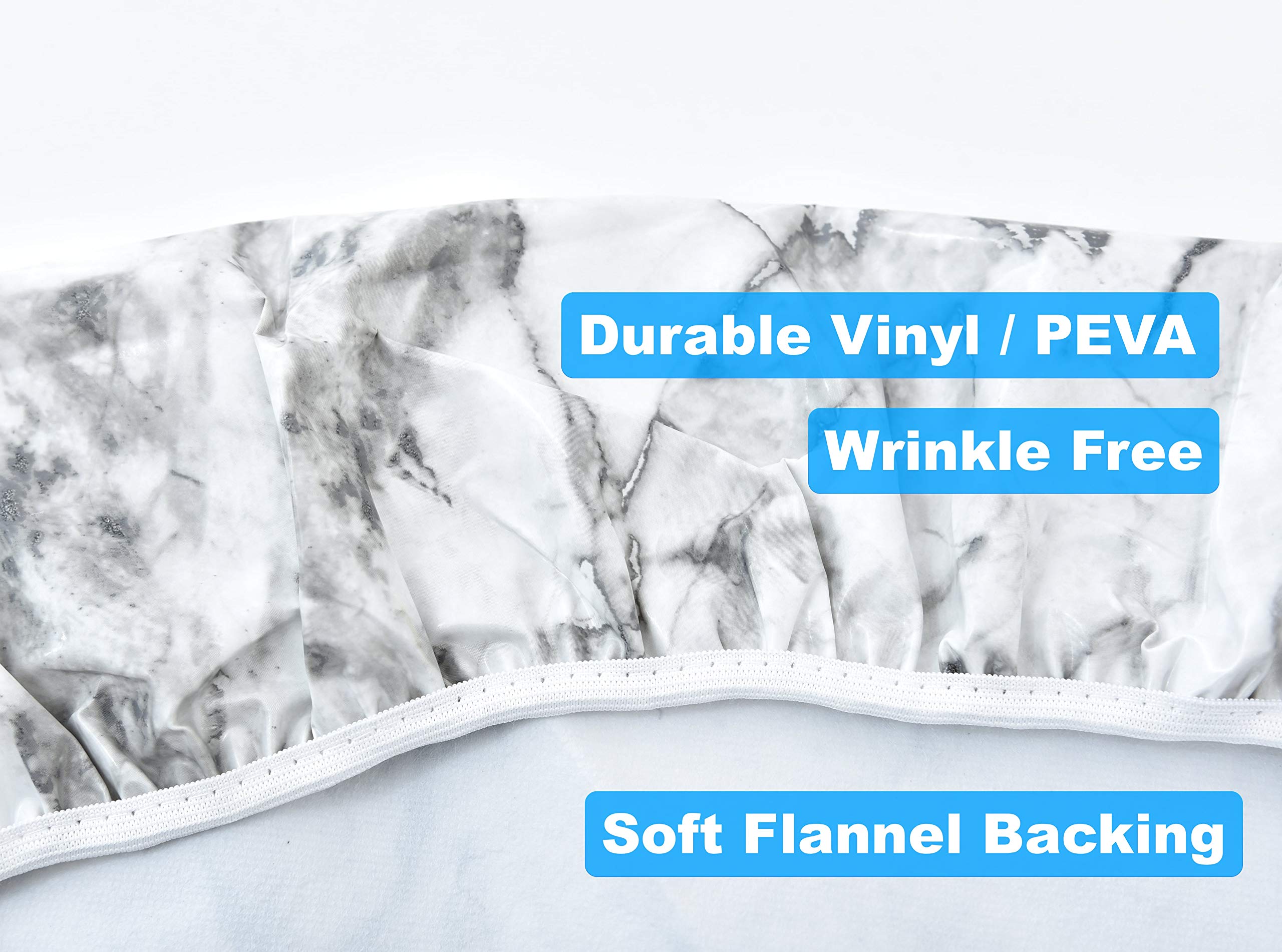 Rally Home Goods Indoor Outdoor Patio Round Fitted Vinyl Tablecloth, Flannel Backing, Elastic Edge, Waterproof Wipeable Plastic Cover, White Marble Pattern for 10-Seat Table of 57-72ββ Diameter