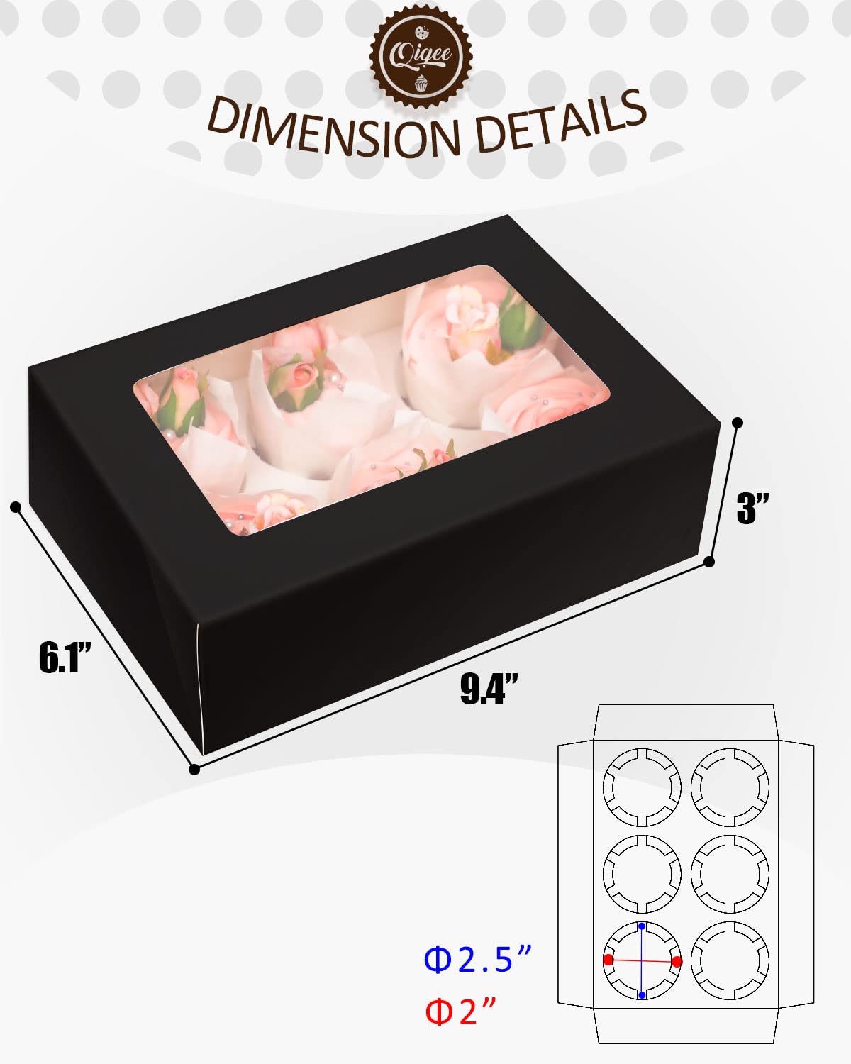 qiqee Black 6 Cupcake Boxes with Window Auto-pop up 30 Packs Cupcake Box 9"x6.1"x3.3" Bakery Boxes For Cupcakes Carrier, Cupcake Containers