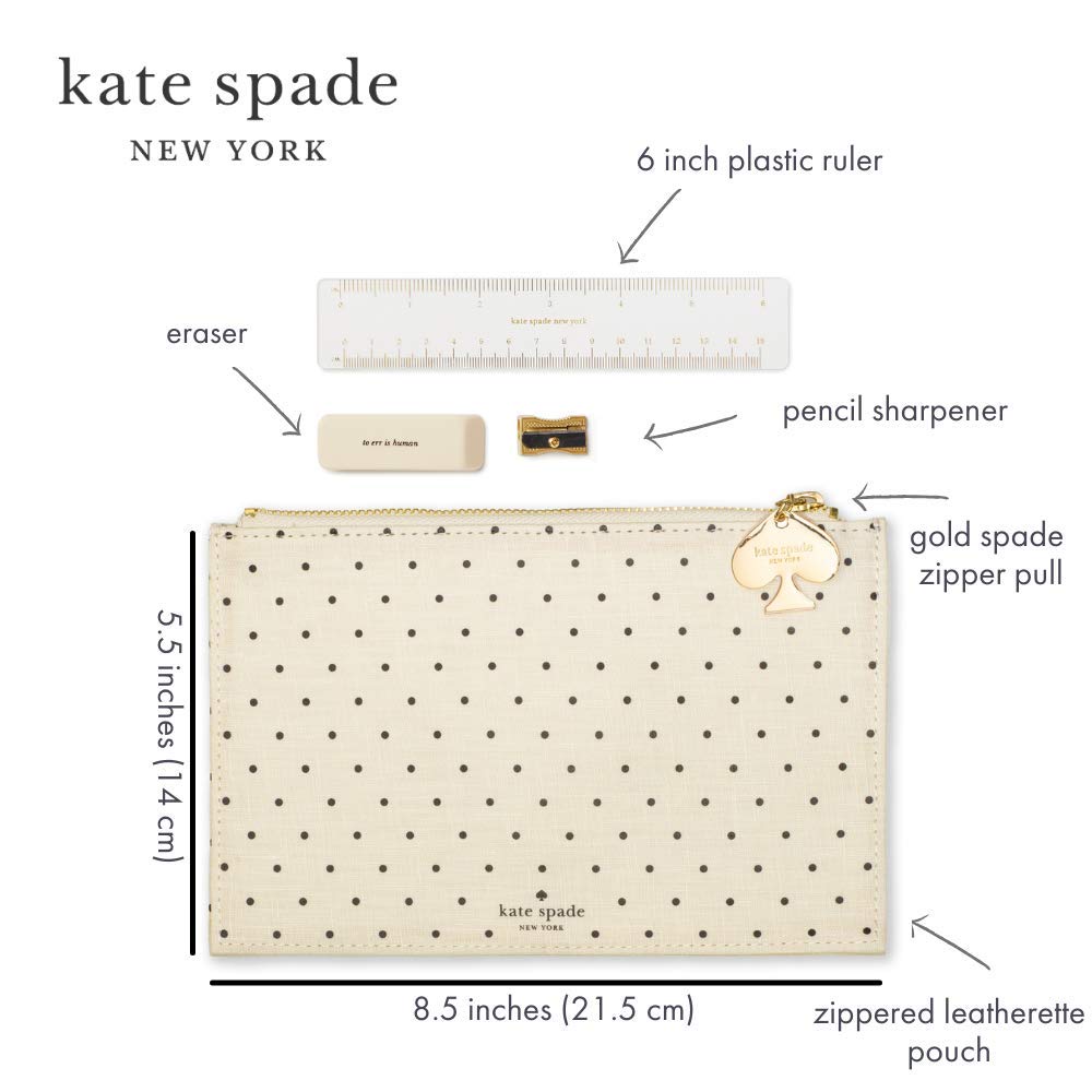 Kate Spade New York Black/White Pencil Pouch with Ruler, Eraser, & Sharpener, Leatherette Travel Zipper Pouch/Clutch, Literary Glasses