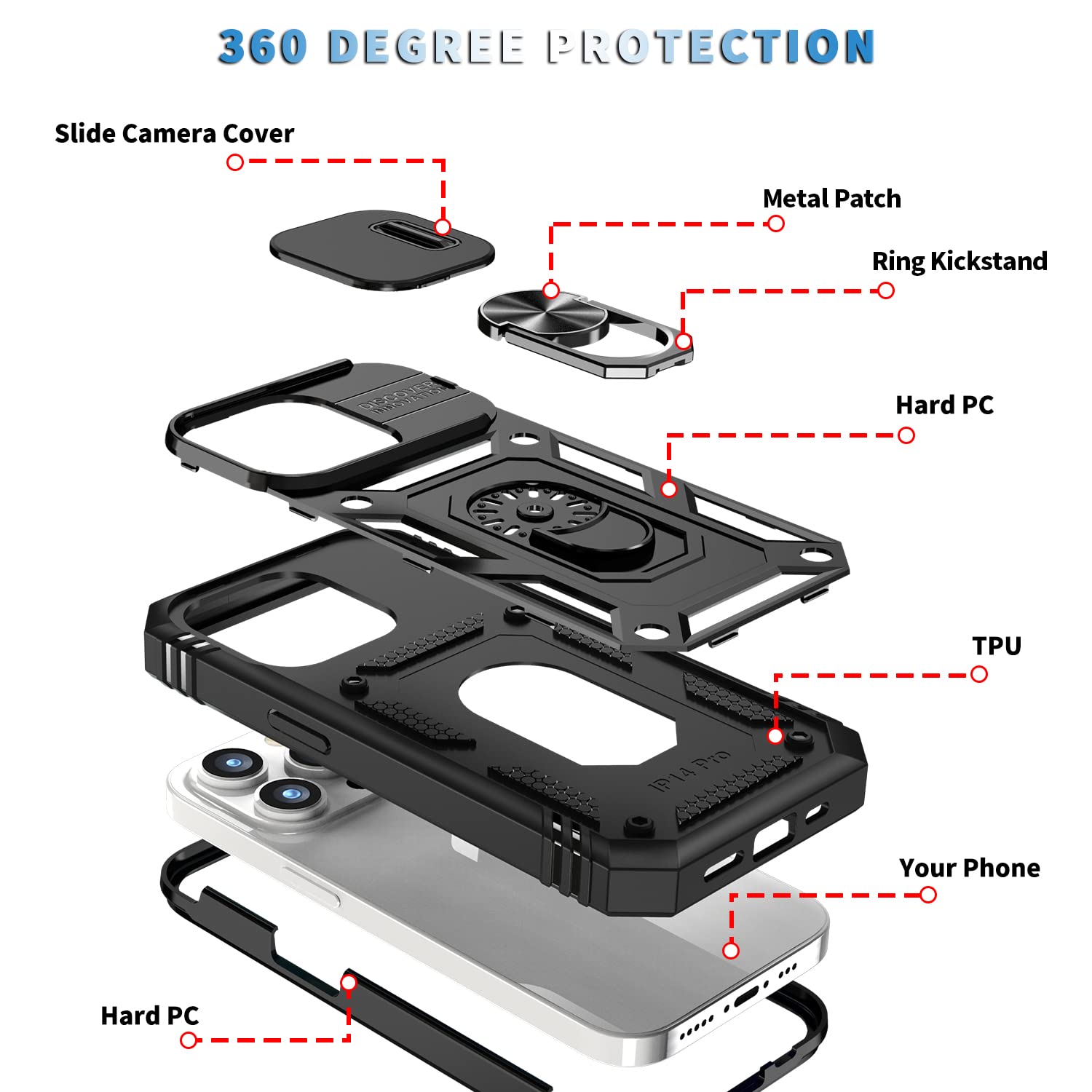 IYTRRYH for iPhone 15 Pro Max Case Kickstand with 2Tempered Glass Screen Protectors with Camera Cover&Magnetic Stand Ring Military Grade Drop Shockproof Heavy Duty Protection iPhone15Pro Max6.7‘’Black