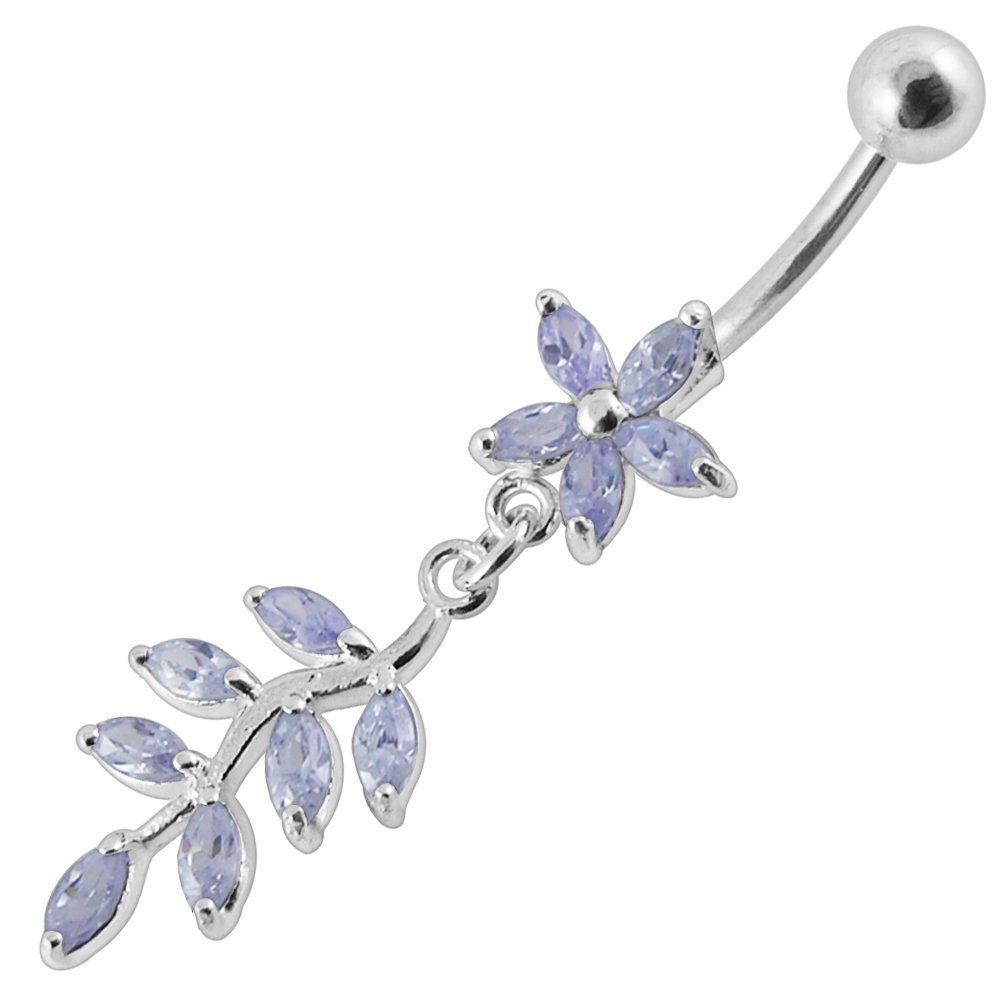 Lavender CZ Crystal Stone Daisy Flower with Floral Leaf Dangling 925 Sterling Silver Belly Ring Body Jewelry