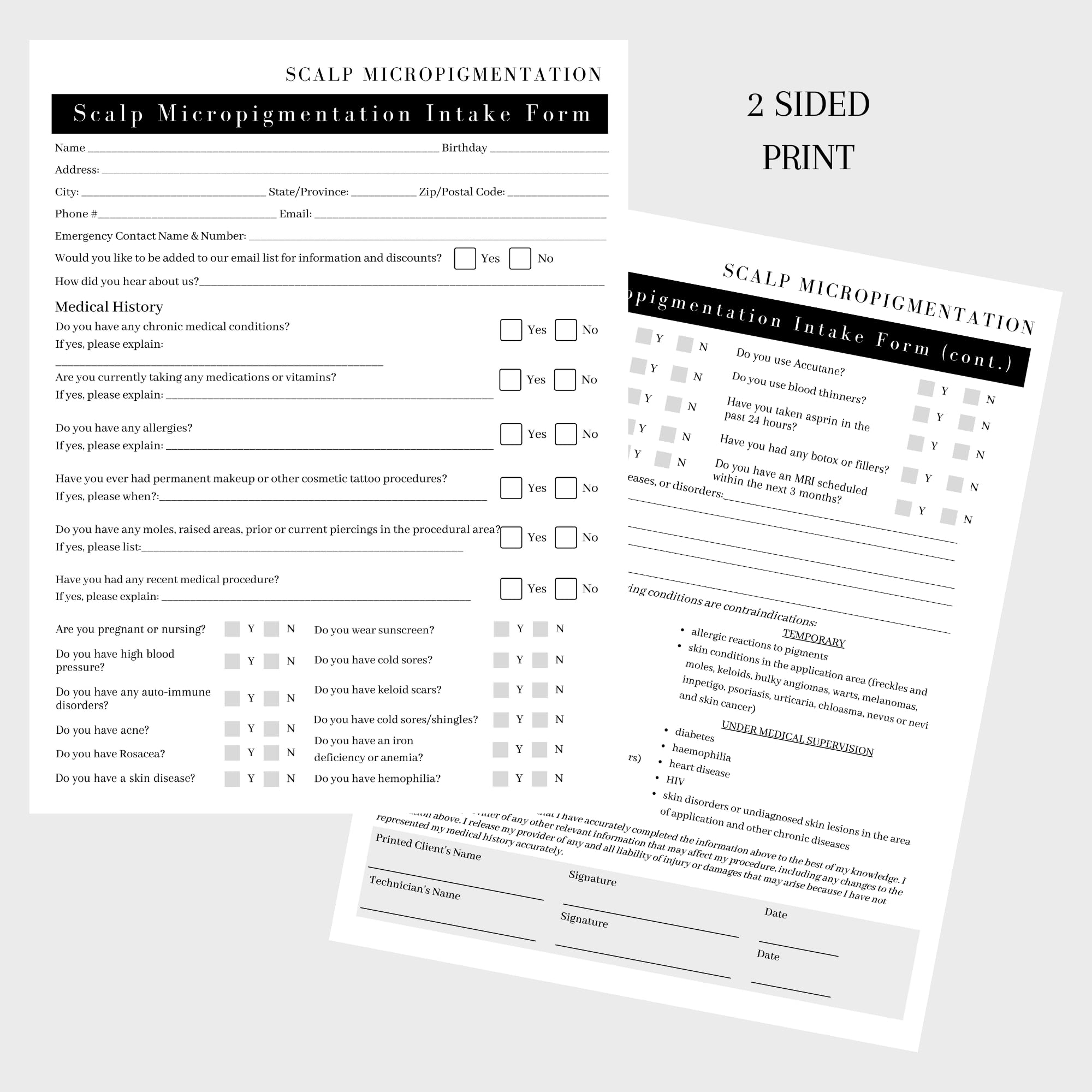 Scalp Micropigmentation Client Intake Forms: Intake,Consent,Consultation and Aftercare Forms | 75pk 25 of Each | for PMU Scalp Tattoo Professional Pigmentation 8.5 x 11” in Forms, Black and White