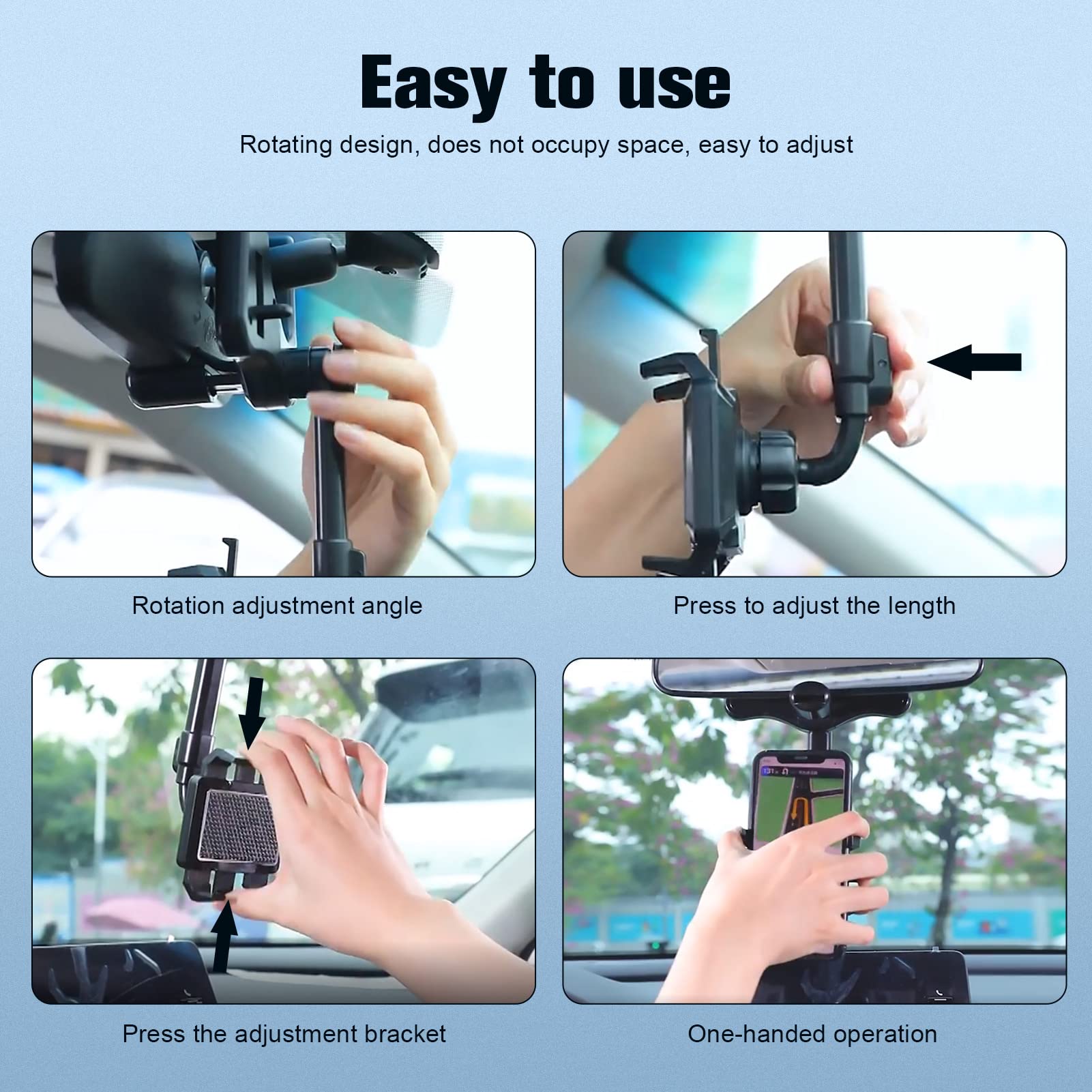 PDPdoc Universal 360 Car Rearview Mirror Mount Phone Holder, Black, Compatible with All Smartphones and Car Models