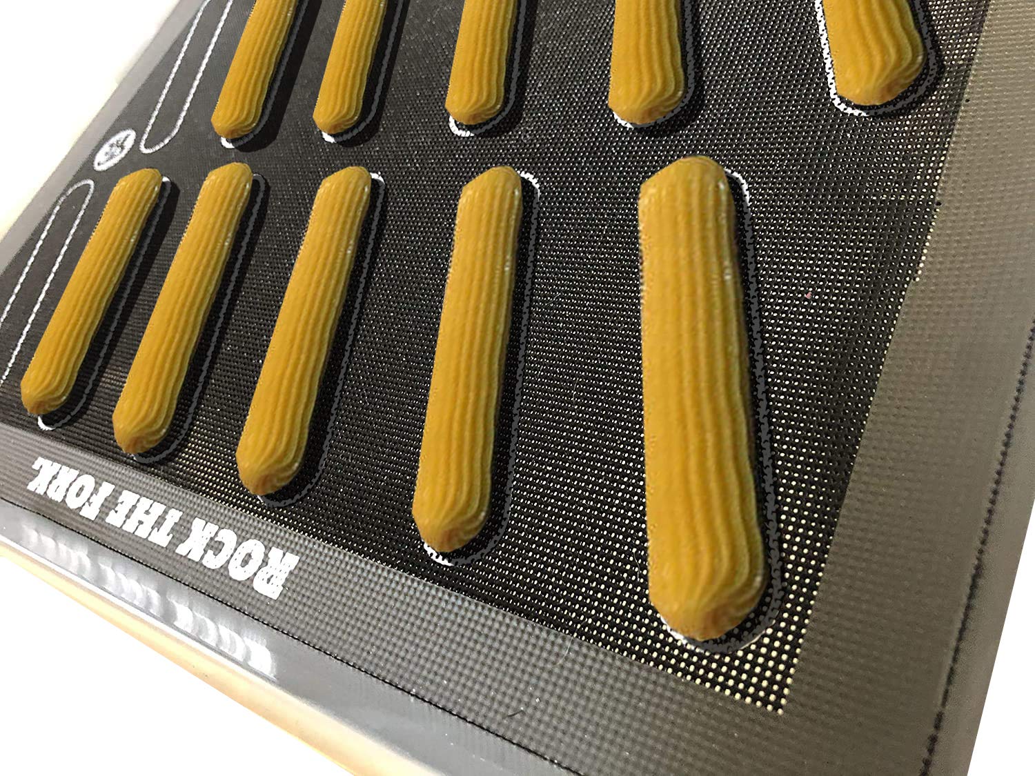 Rock the Fork - Baking Mats - Eclair Template (4-pack) Non-Stick Silicone. These Eclair Mats are Designed for Style & Function. 11 5/8" x 16 1/2" Size.