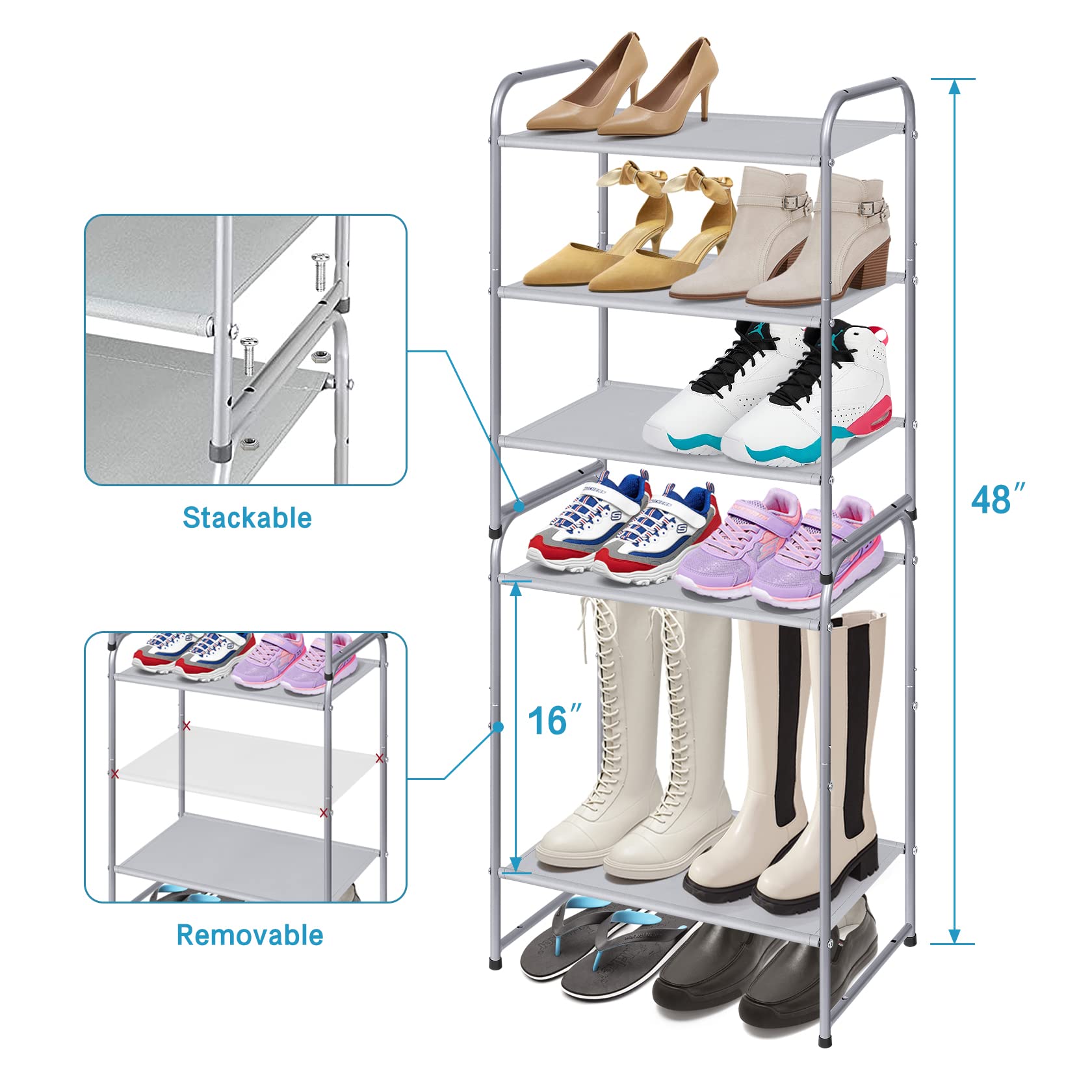 KIMBORA 3-Tier Small Shoe Rack 8-Pairs Stackable Narrow Shoe Storage Organizer Heavy Duty Shoe Shelf for Bedroom Closet, Entryway, Hallway (Grey)
